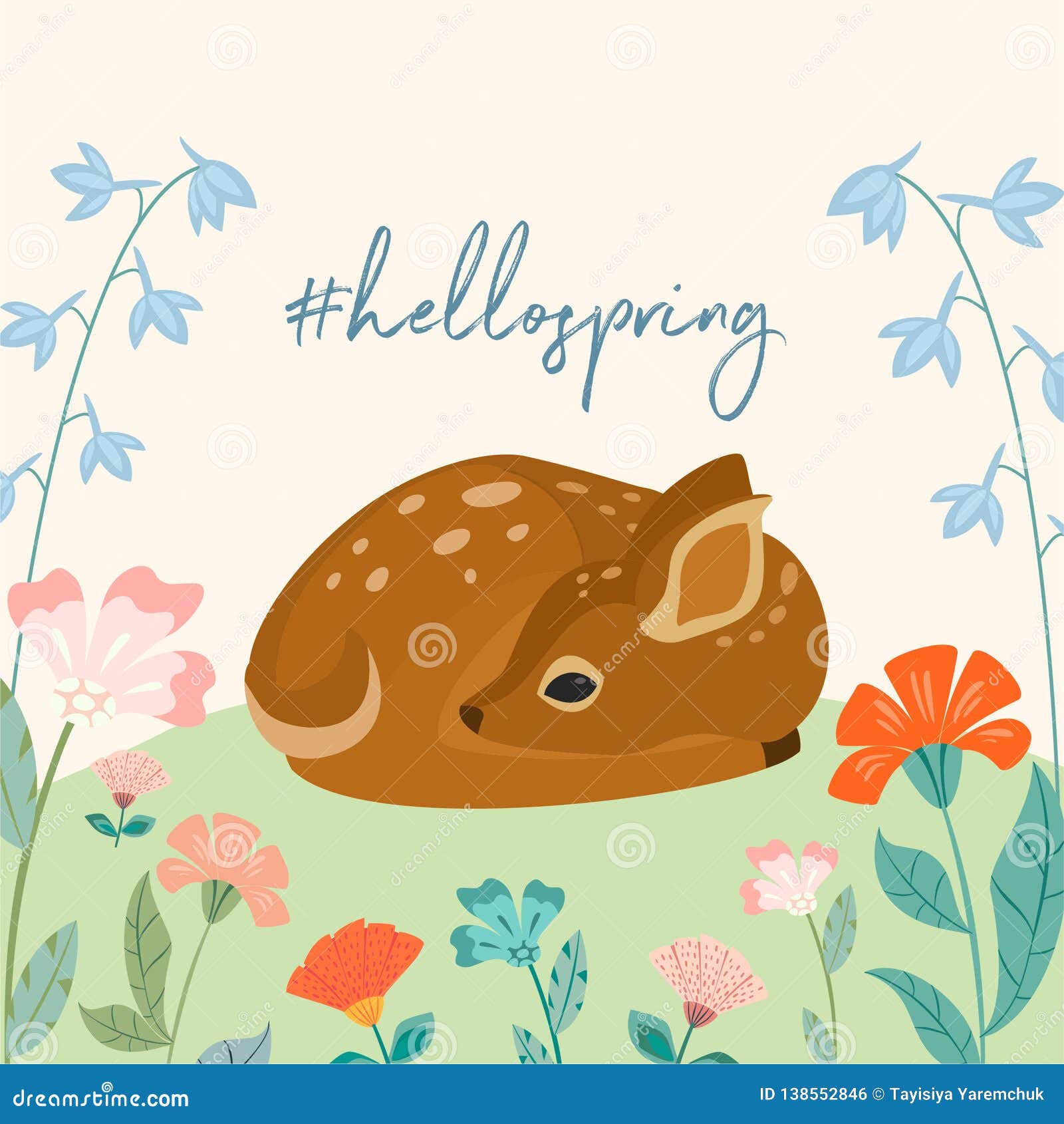 Beautiful Spring Template with Cute Baby Deer and Text. Vector ...