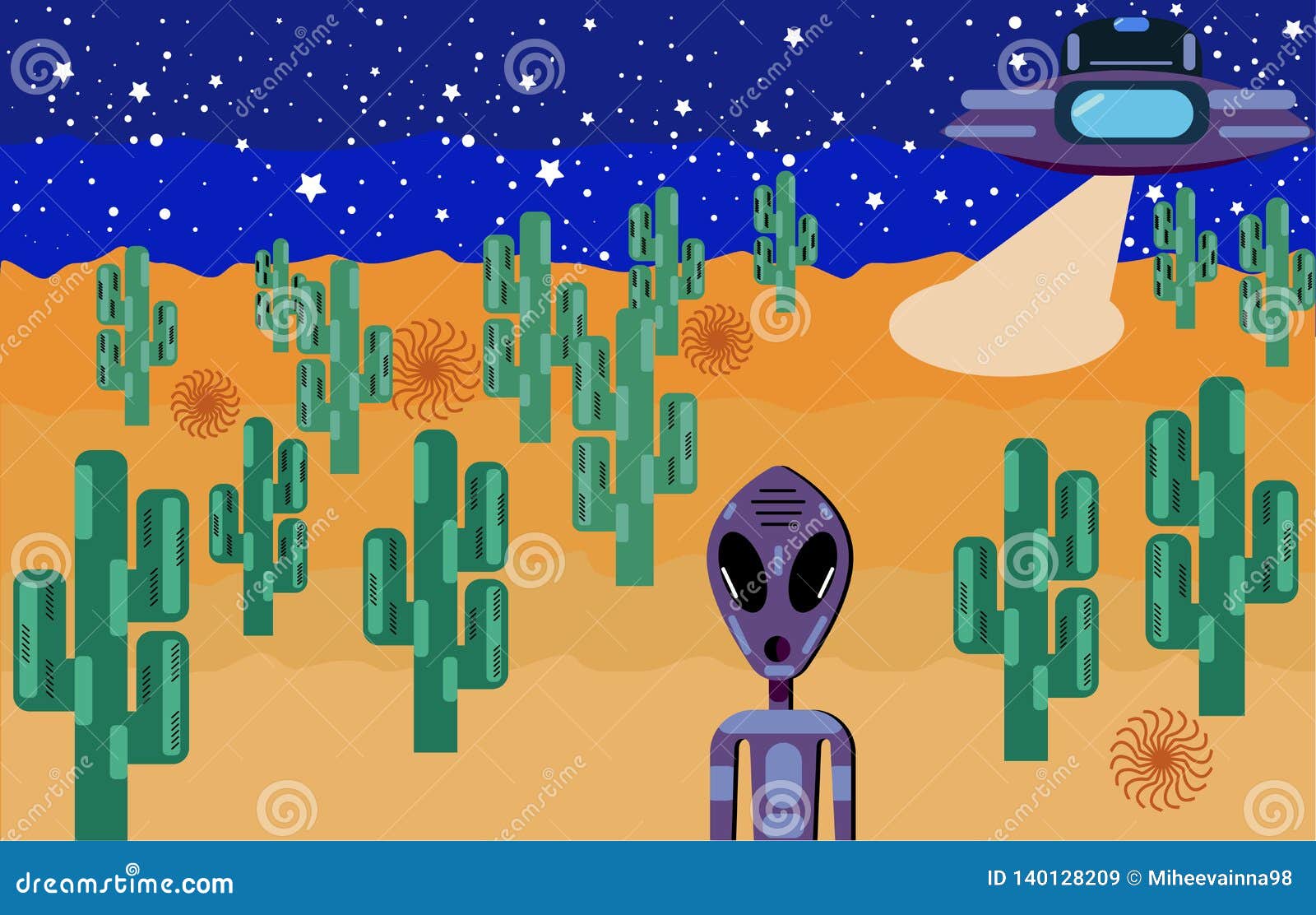 An Alien with Big Eyes Landed in the Desert on a Flying Saucer. Stock ...