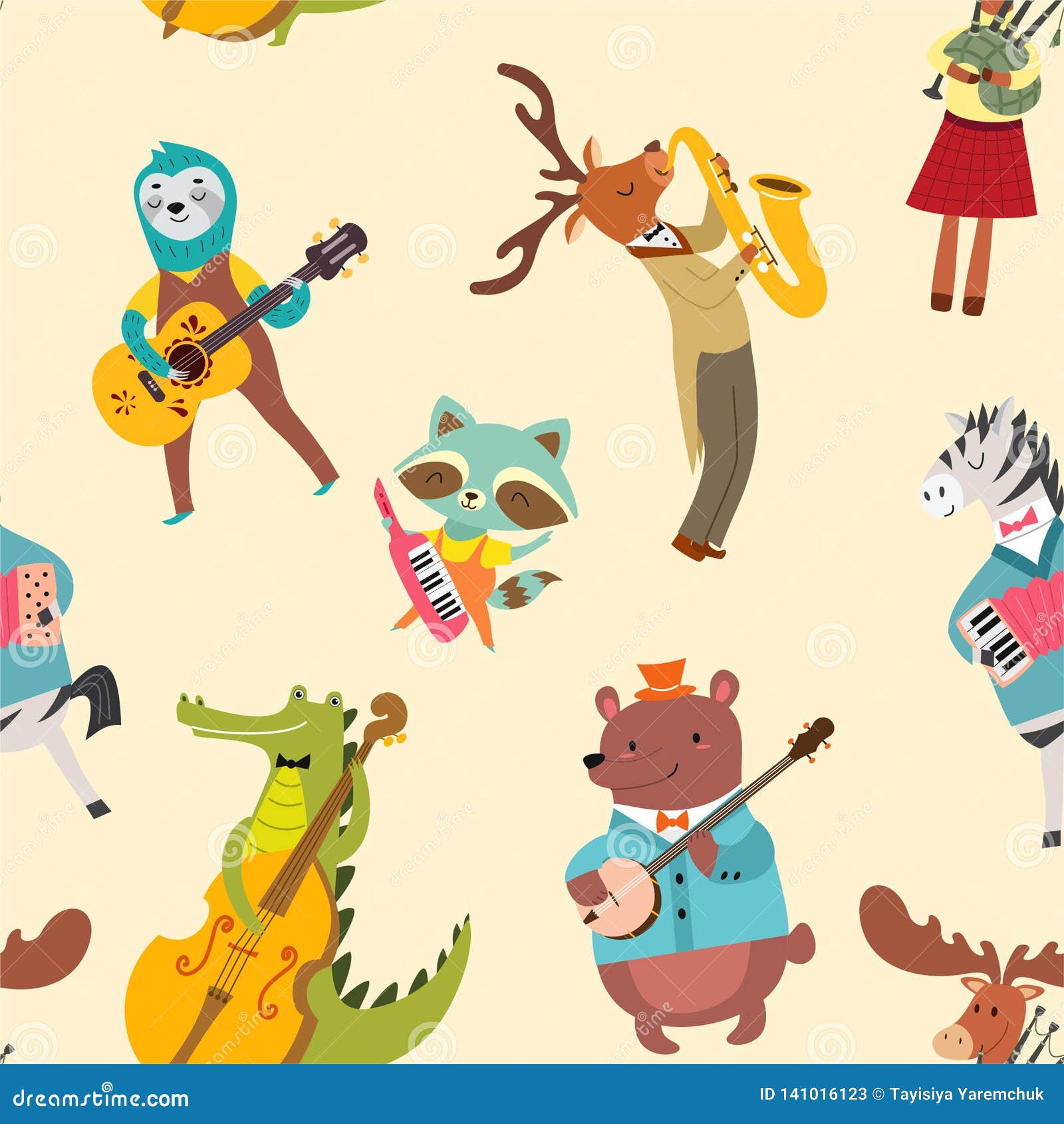 Animal Musicians Pattern. Vector Seamless Texture with Cute Animal Band ...