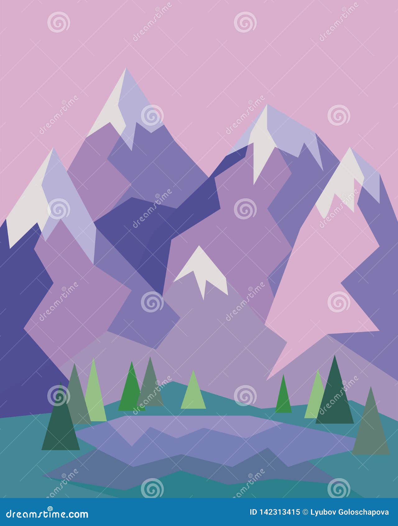 Mountains with a Small Lake and Trees in Geometric Style Stock ...
