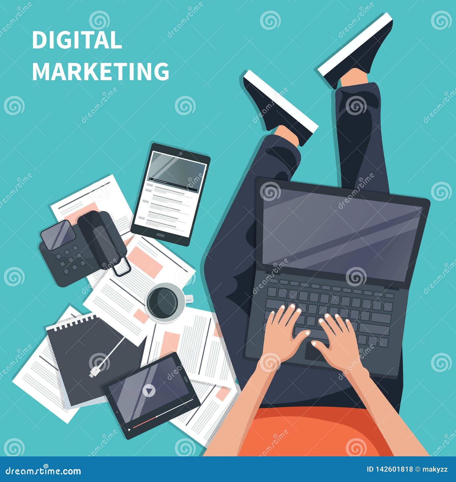 Digital Marketing Concept. Man Sitting on the Floor and Holding Lap Top ...