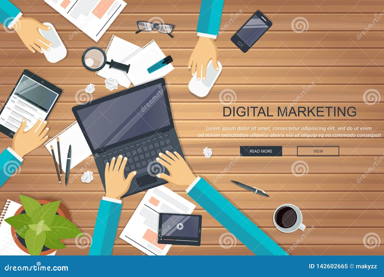 Digital Marketing Concept. Office Desk with Equipment Stock Vector ...