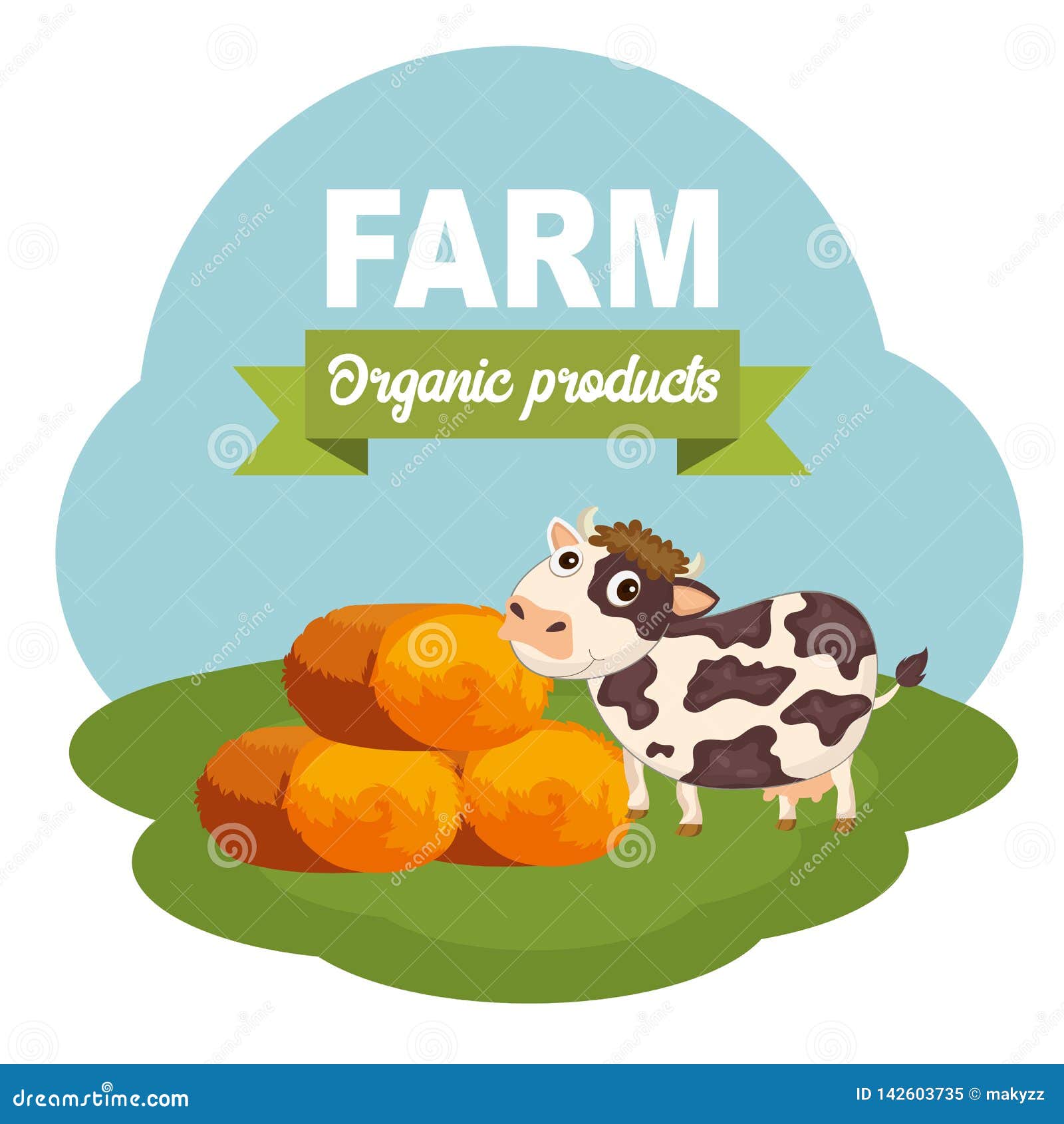 Farm Scene Organic Products Label. Flat Vector Illustration Stock ...