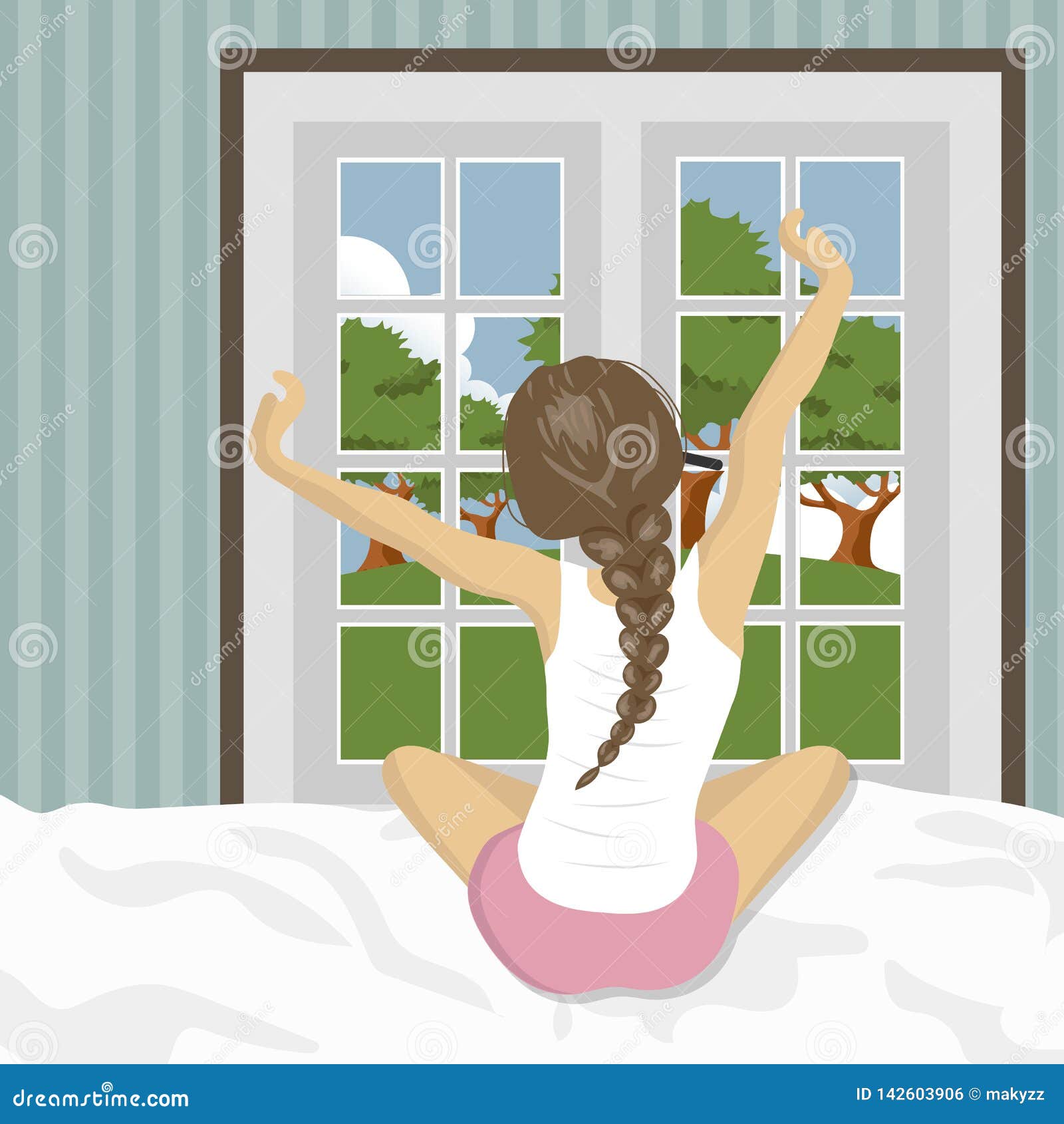 Woman Stretching in Bed after Wake Up. Concept for Holidays and ...