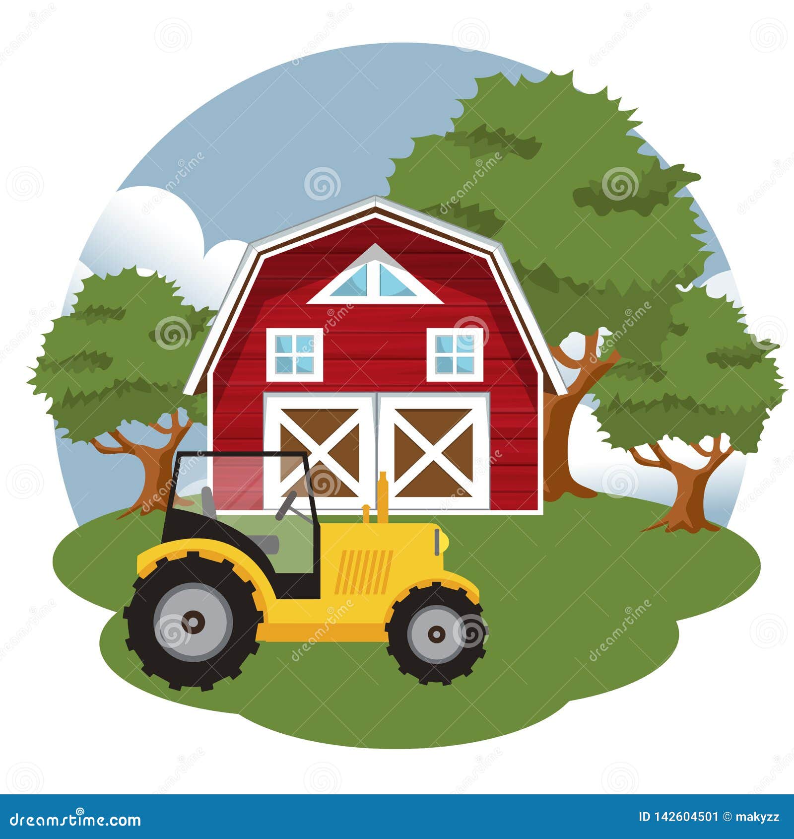 Tractor in the Farm Scene. Flat Vector Illustration Stock Vector ...
