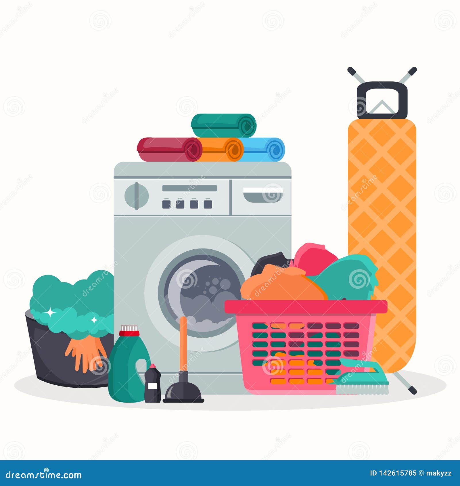 Laundry Room Service Concept. Working Washing Machine with Linen ...