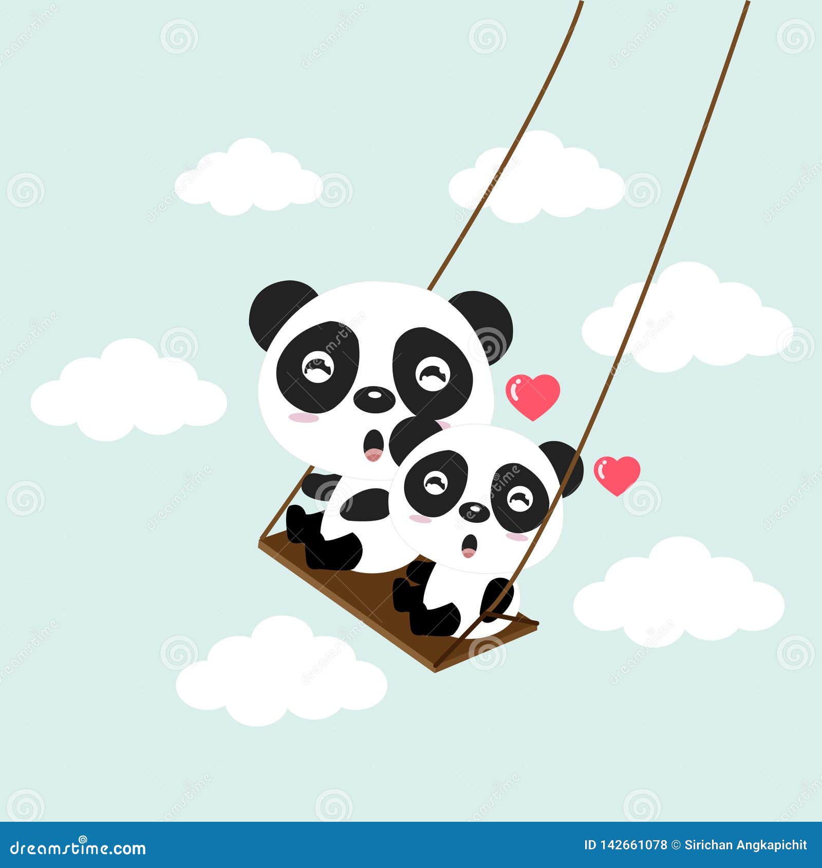 Happy Panda Bears Riding on a Swing. Stock Vector - Illustration of ...
