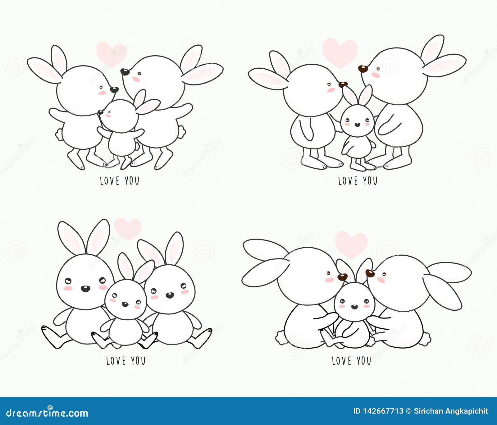 Set of Lovely Cartoon White Rabbit Family. Stock Vector - Illustration ...