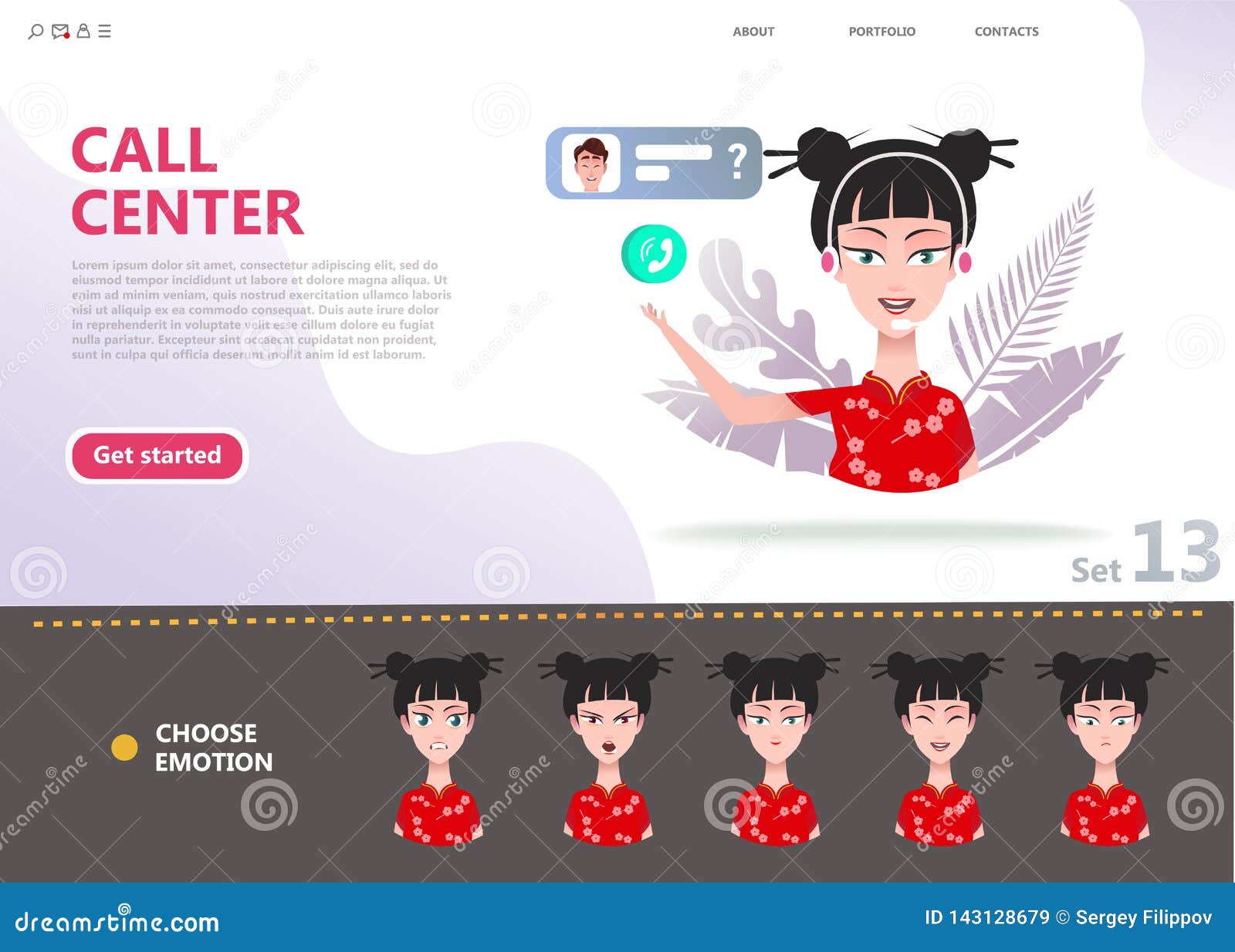 Call Center Concept. Cartoon Character Chinese Asian Woman Stock ...