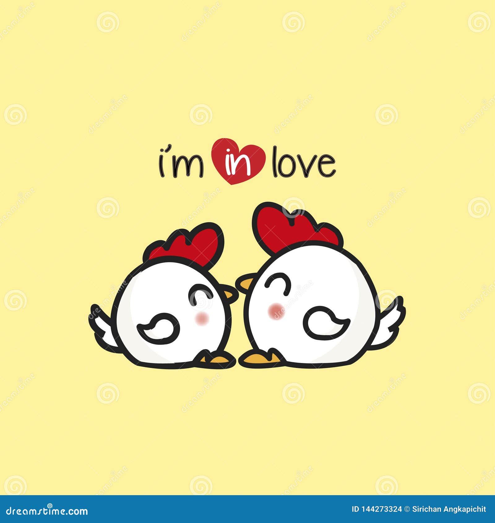 Couple Chicken Character in Love with Heart and Lettering Calligraphy ...