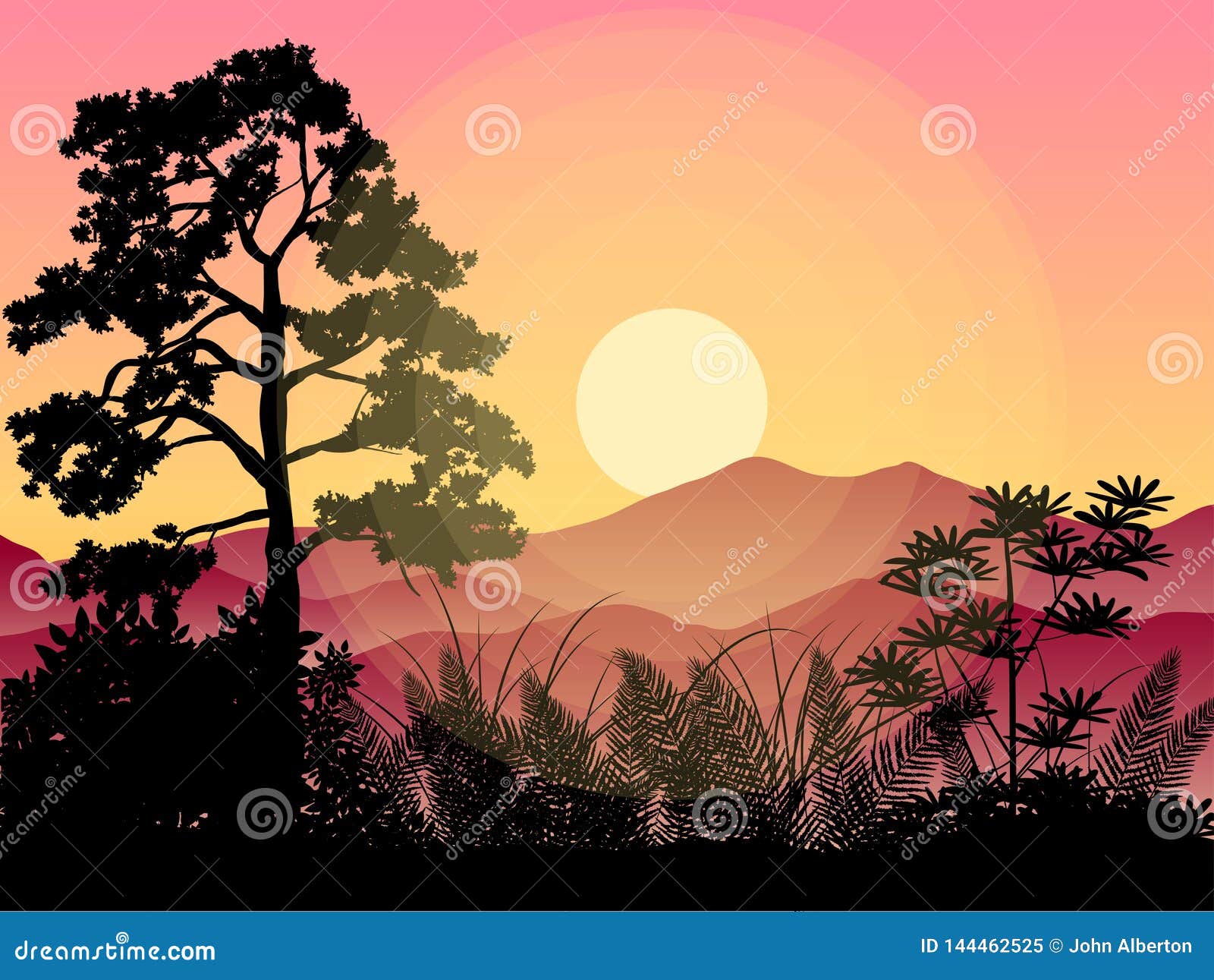 Beautiful sunset in forest stock illustration. Illustration of trees ...