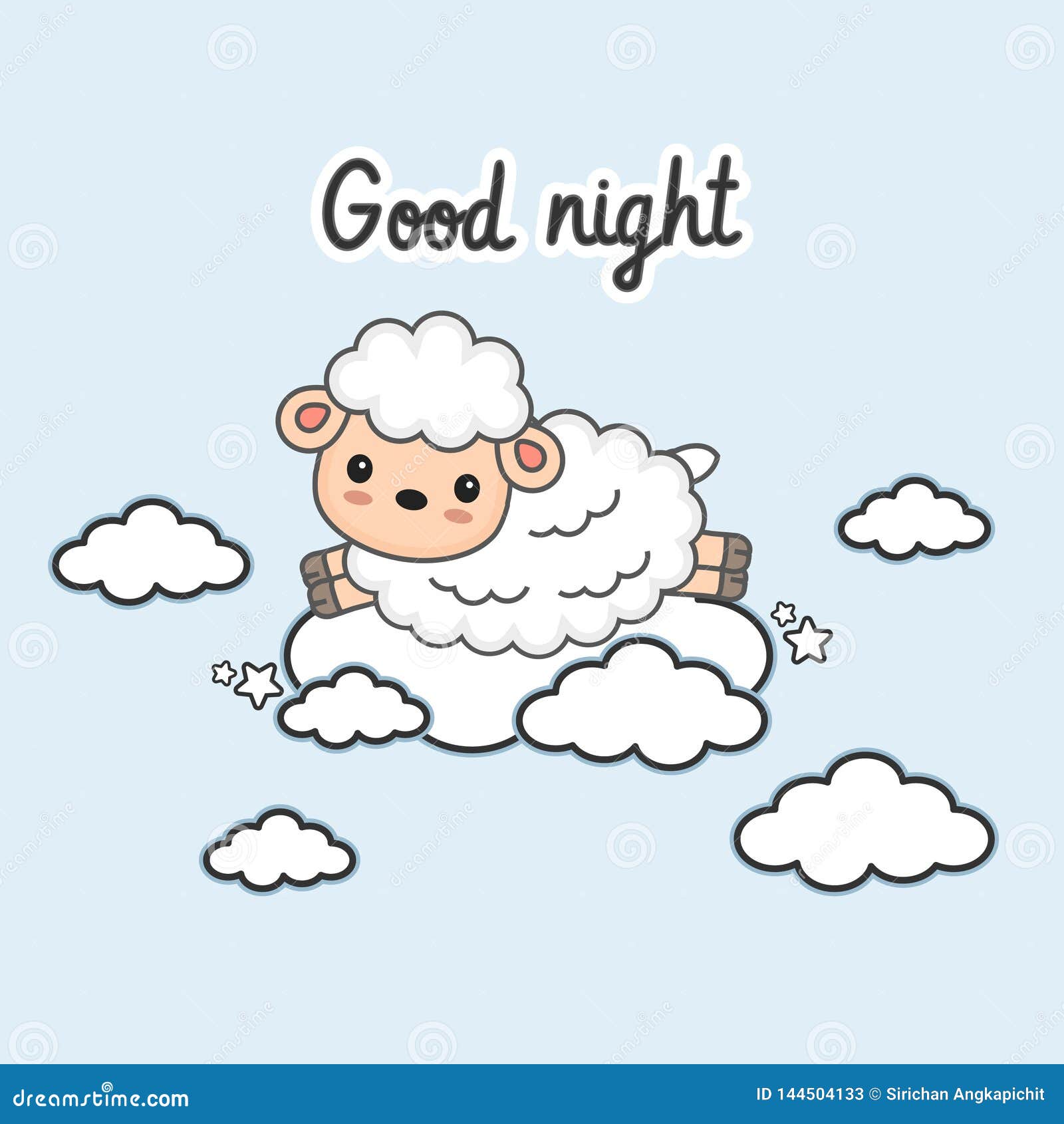 Good Night Card with Little Sheep Jump on the Clouds. Vector ...