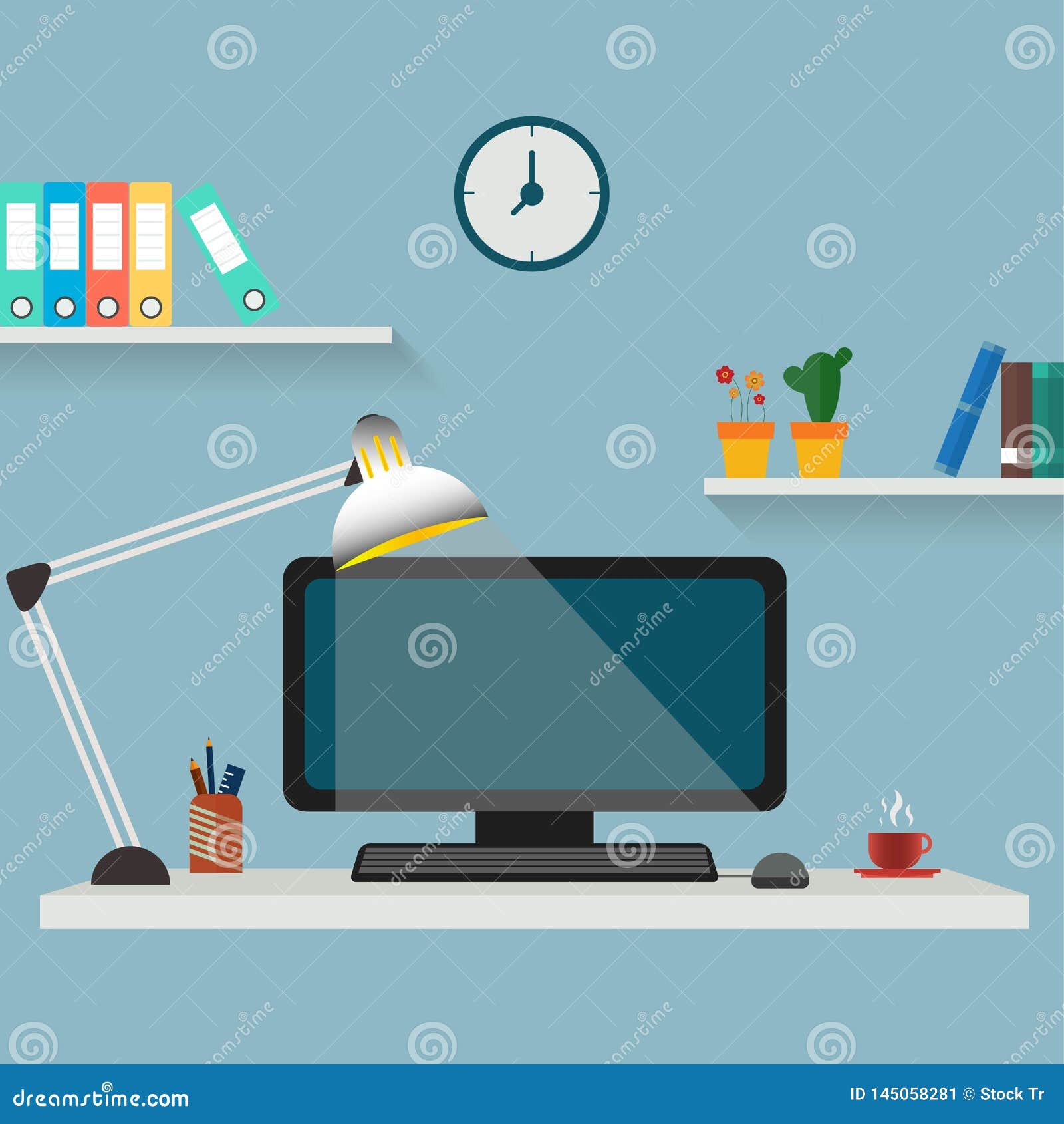 Office setup with computer stock vector. Illustration of keyboard ...