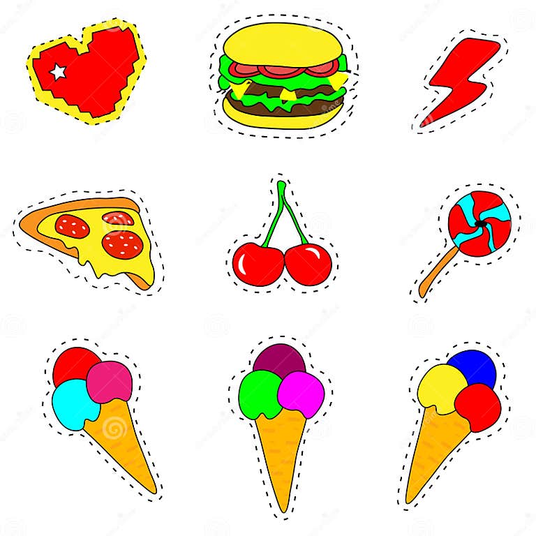 Web. Trendy Cool Set of Fast Food Patch Badges in Pop Art Style. Vector ...