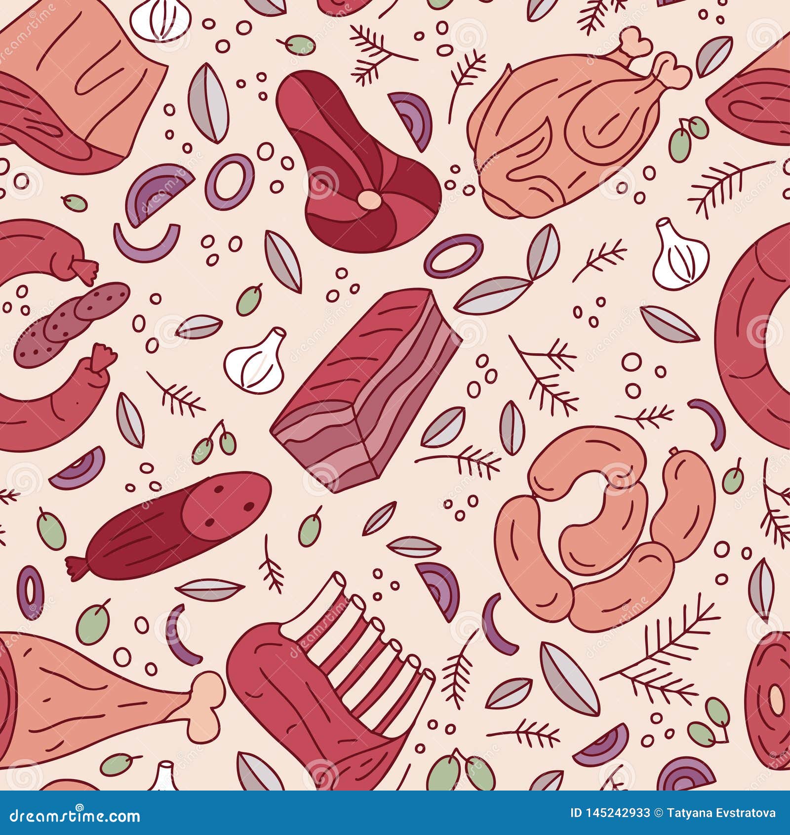 Seamless Pattern with Meat Products. Hand Drawn Illustration. Stock ...