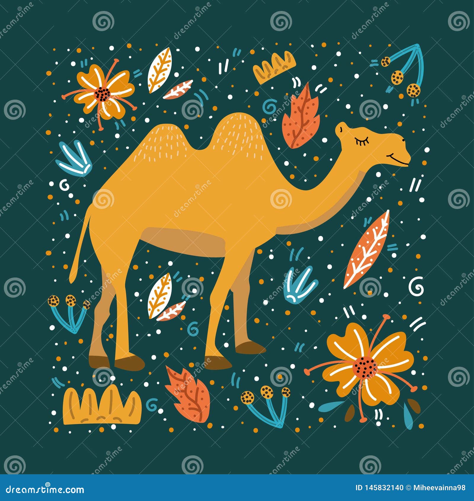 Camel on Green Background with Flowers and Leaves. Stock Vector ...
