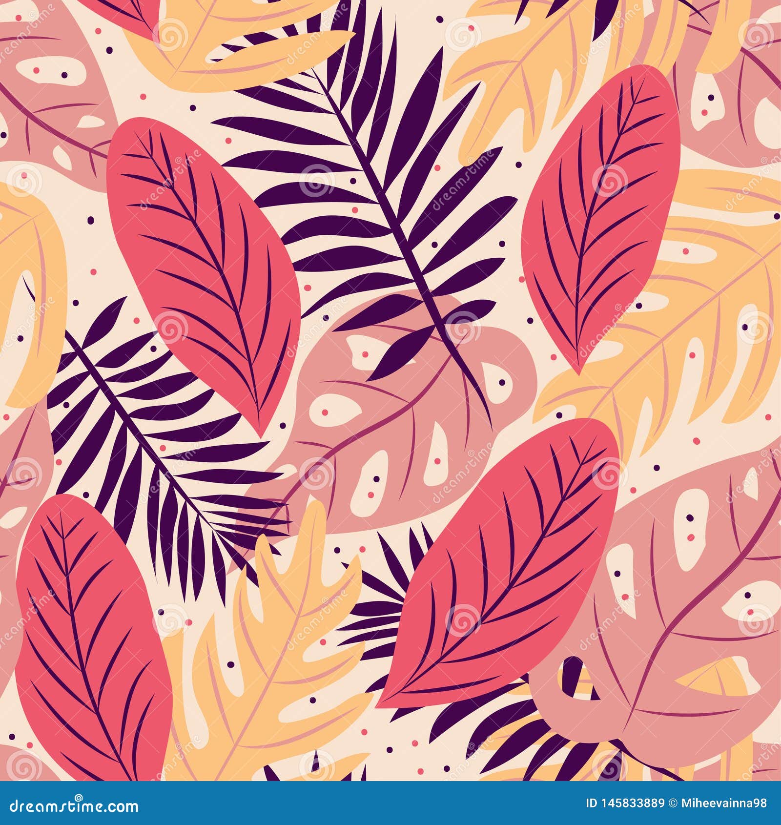 Seamless Pattern of Bright Red Flowers and Tropical Leaves. Vector ...