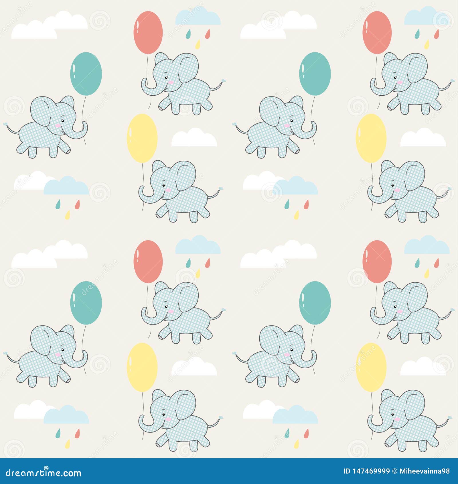 Children`s Seamless Pattern with Elephants, Clouds and Balloons. Vector ...
