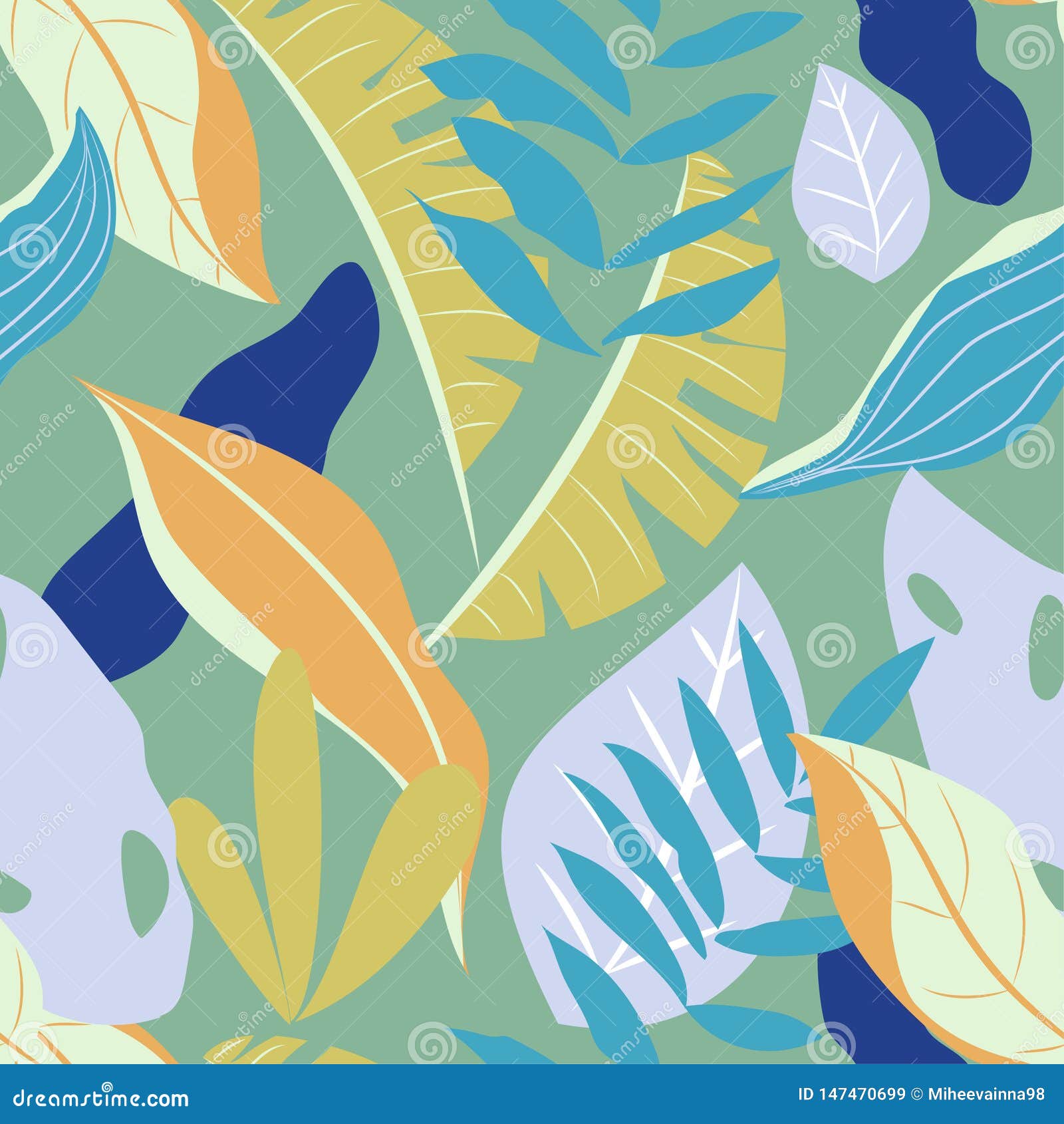 Seamless Pattern with Tropical Plants on Blue Background. Vector Design ...