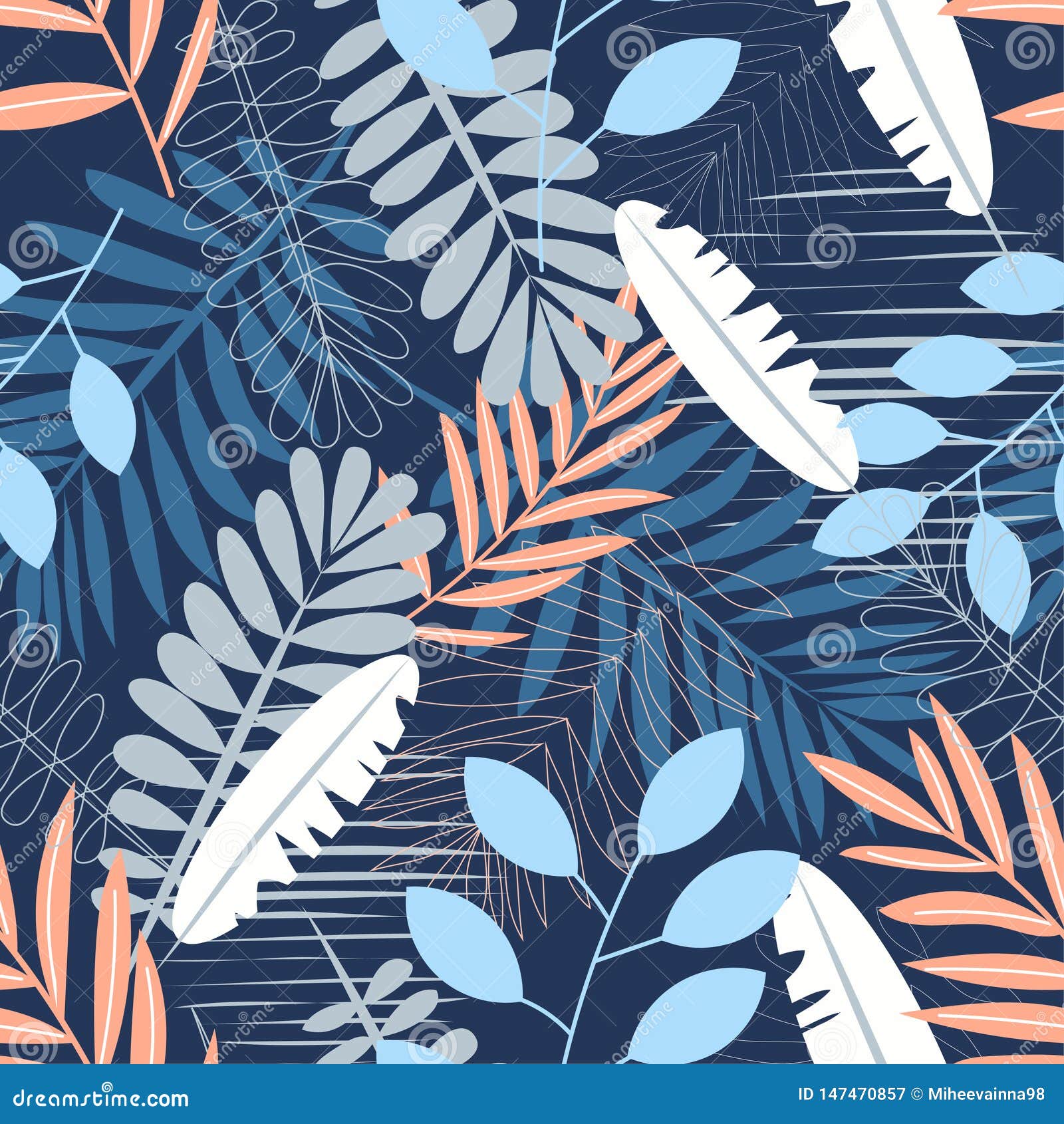 Seamless Pattern with Tropical Plants on Blue Background. Vector Design ...