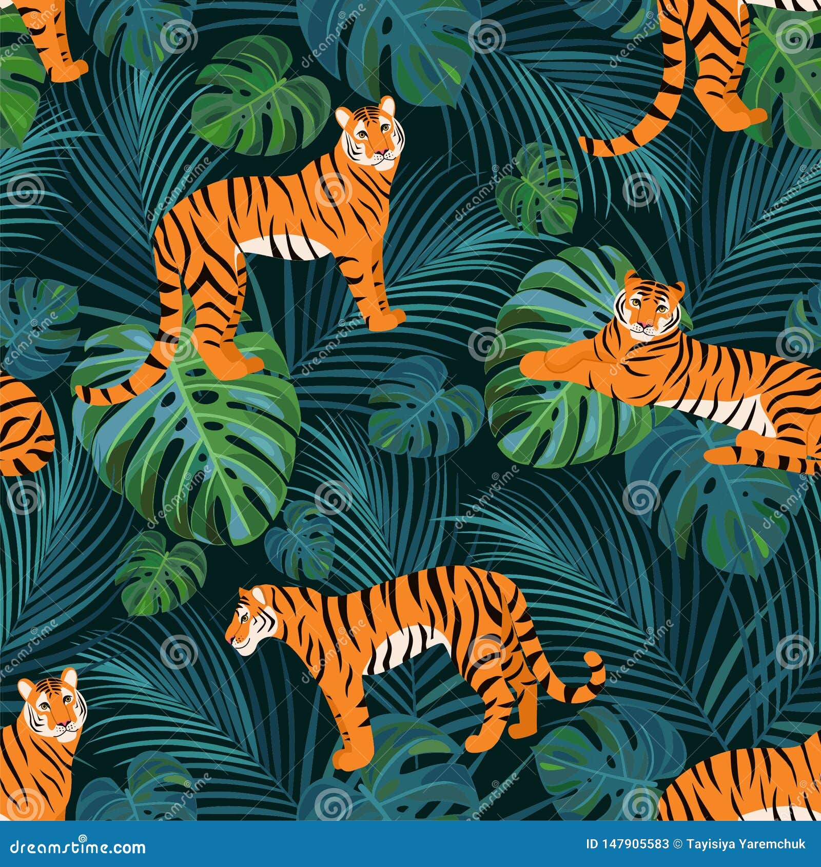 Trendy Tiger Pattern with Tropical Leaves. Vector Seamless Texture ...