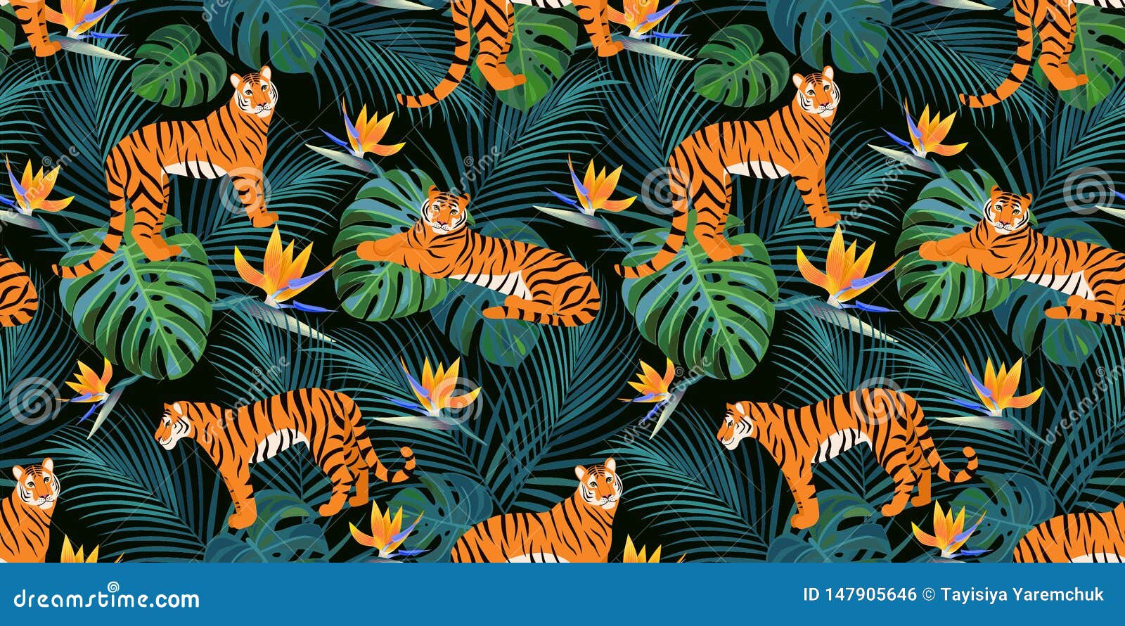 Trendy Tiger Pattern with Tropical Leaves and Exotic Flowers. Vector ...