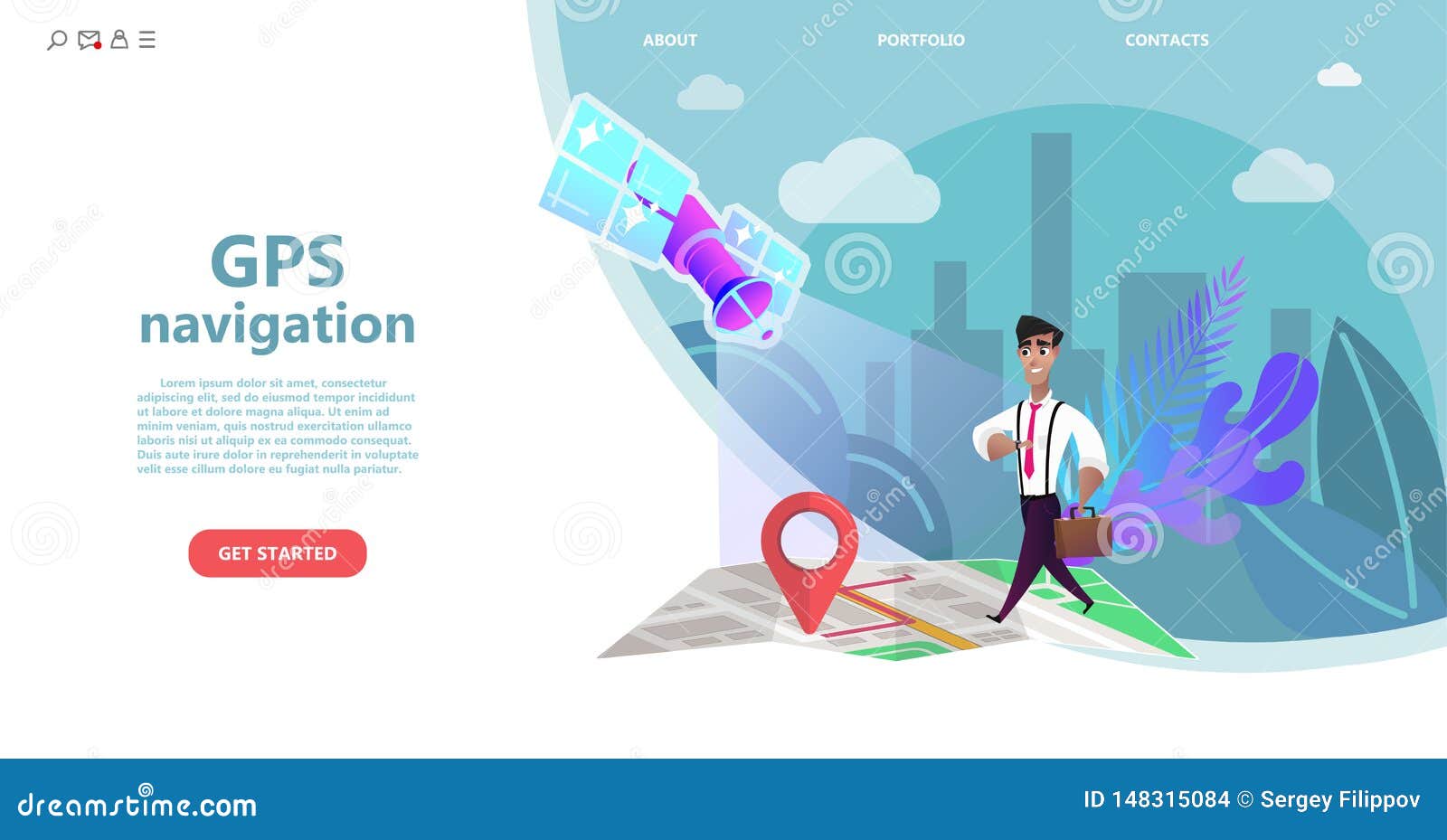 GPS Navigation, Cartoon Character Man Walks on a Map of the City To the ...