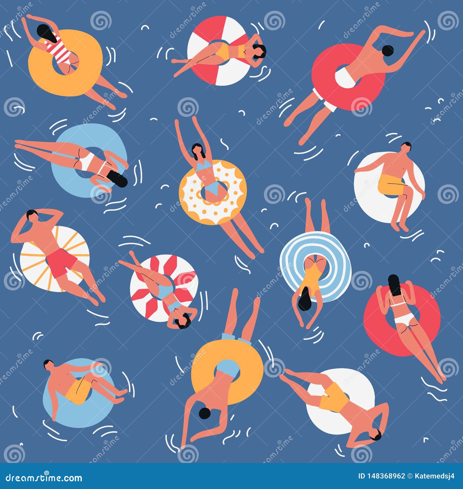 People in Swimming Pool with Inflatable Circles Top View. Vector Flat ...