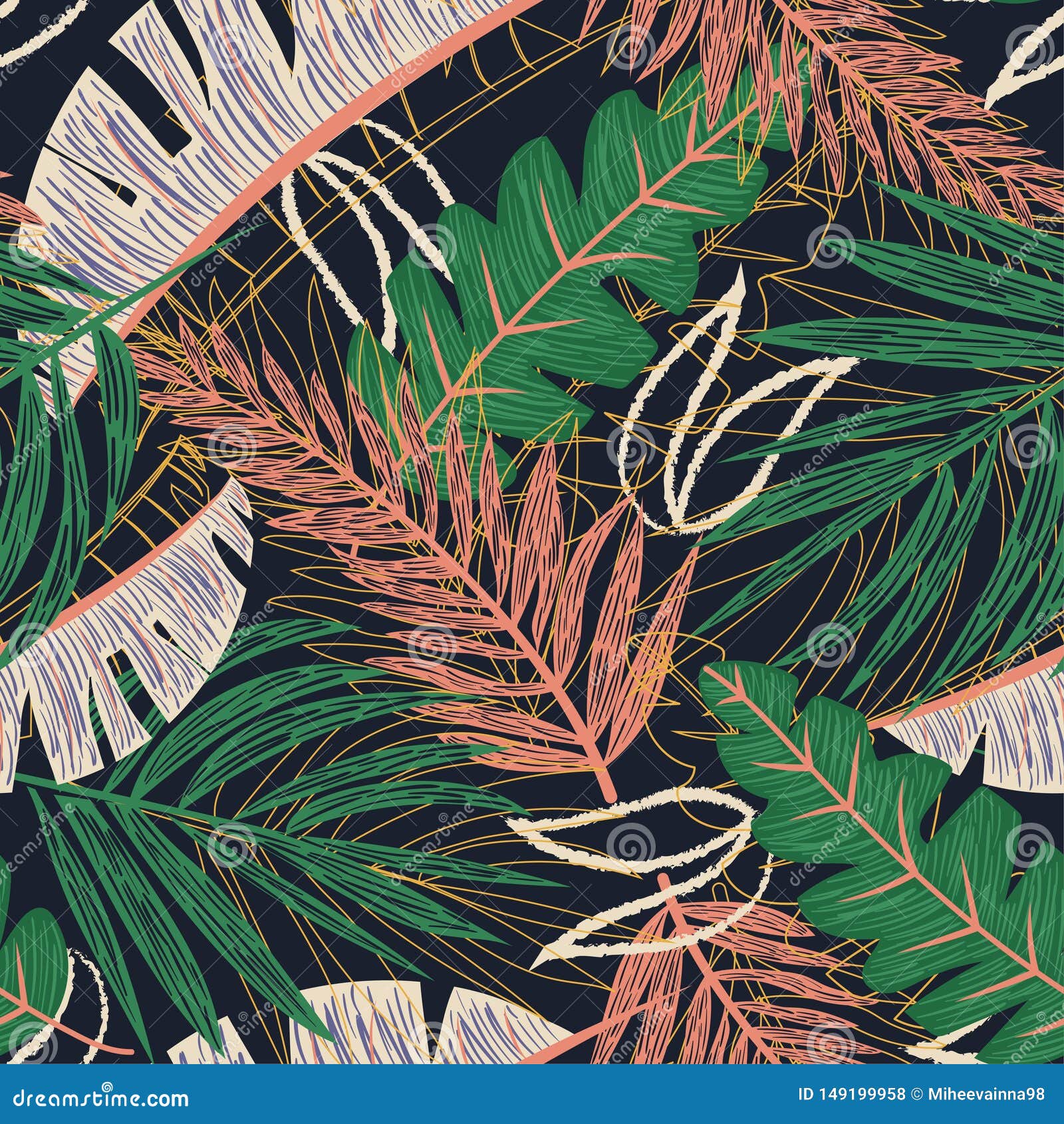Abstract Seamless Pattern With Tropical Leaves On Black Background
