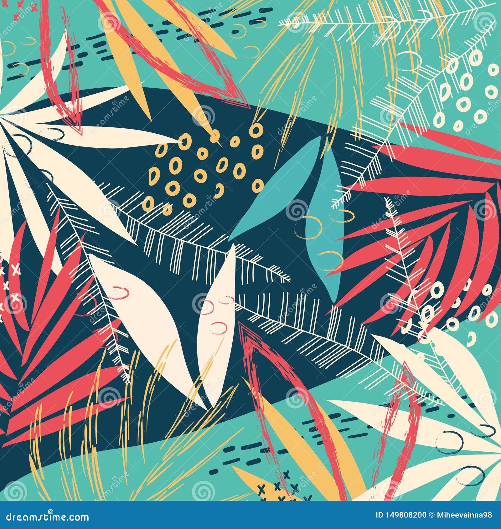 Abstract Pattern with Tropical Leaves and Plants on a Bright Geometric ...