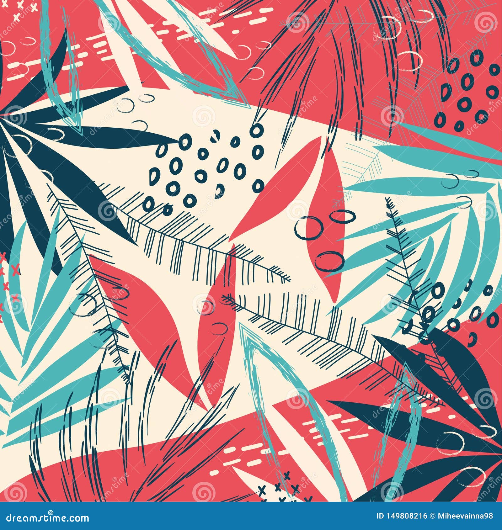 Abstract Pattern with Tropical Leaves and Plants on a Bright Geometric ...