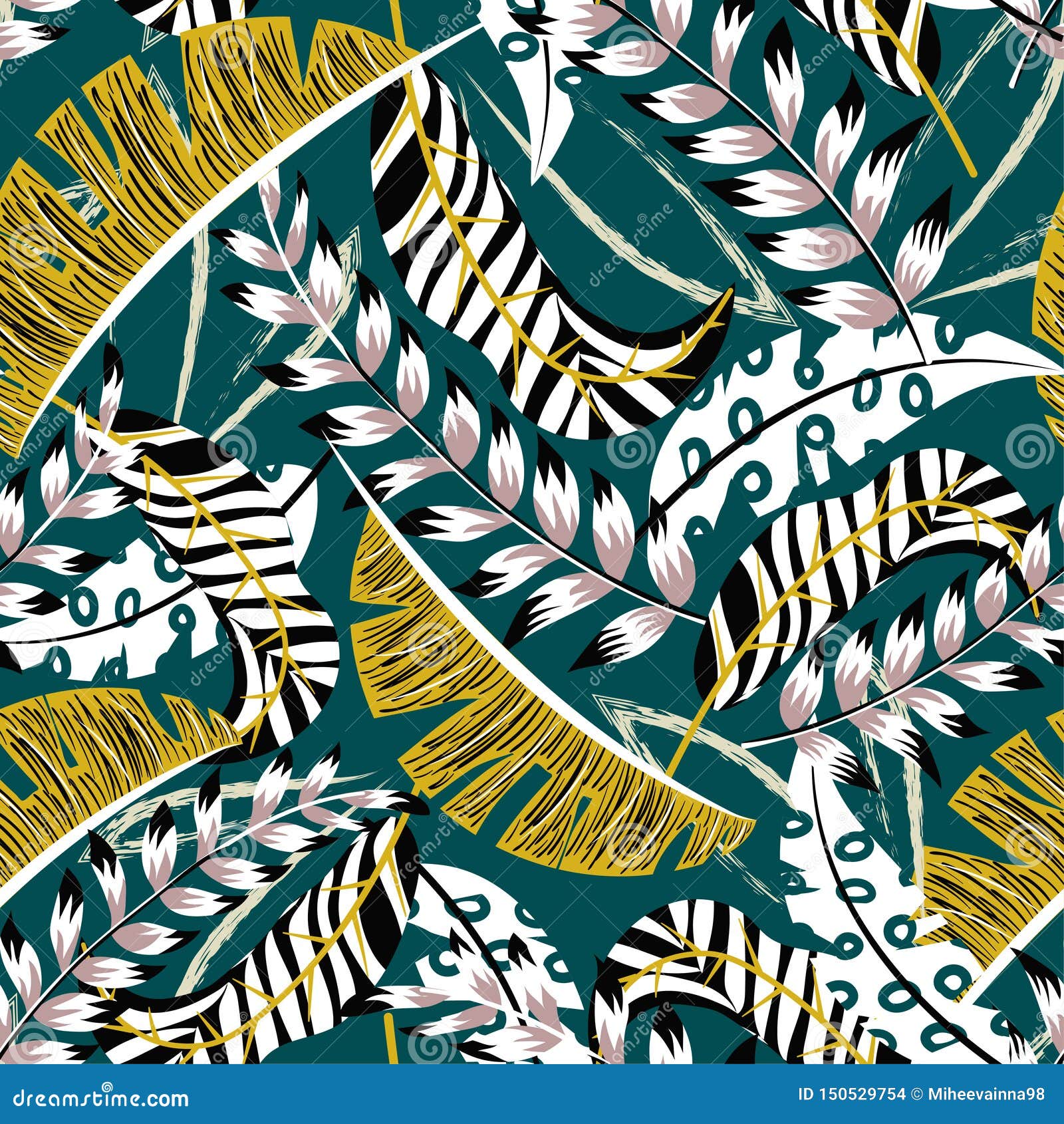 Summer Tropical Seamless Pattern with Bright Leaves and Plants on a ...