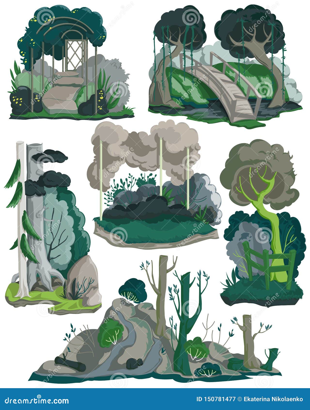 Halloween Landscapes Set. Creepy Garden, Forest and Meadow Scenery with ...