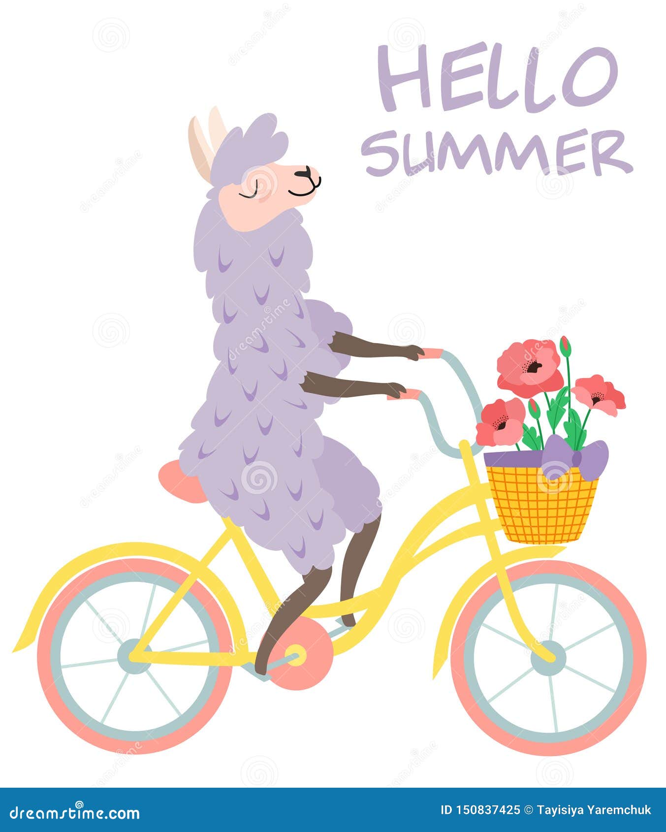Funny Illustration of a Cute Llama on a Bike with Flowers. Vector ...