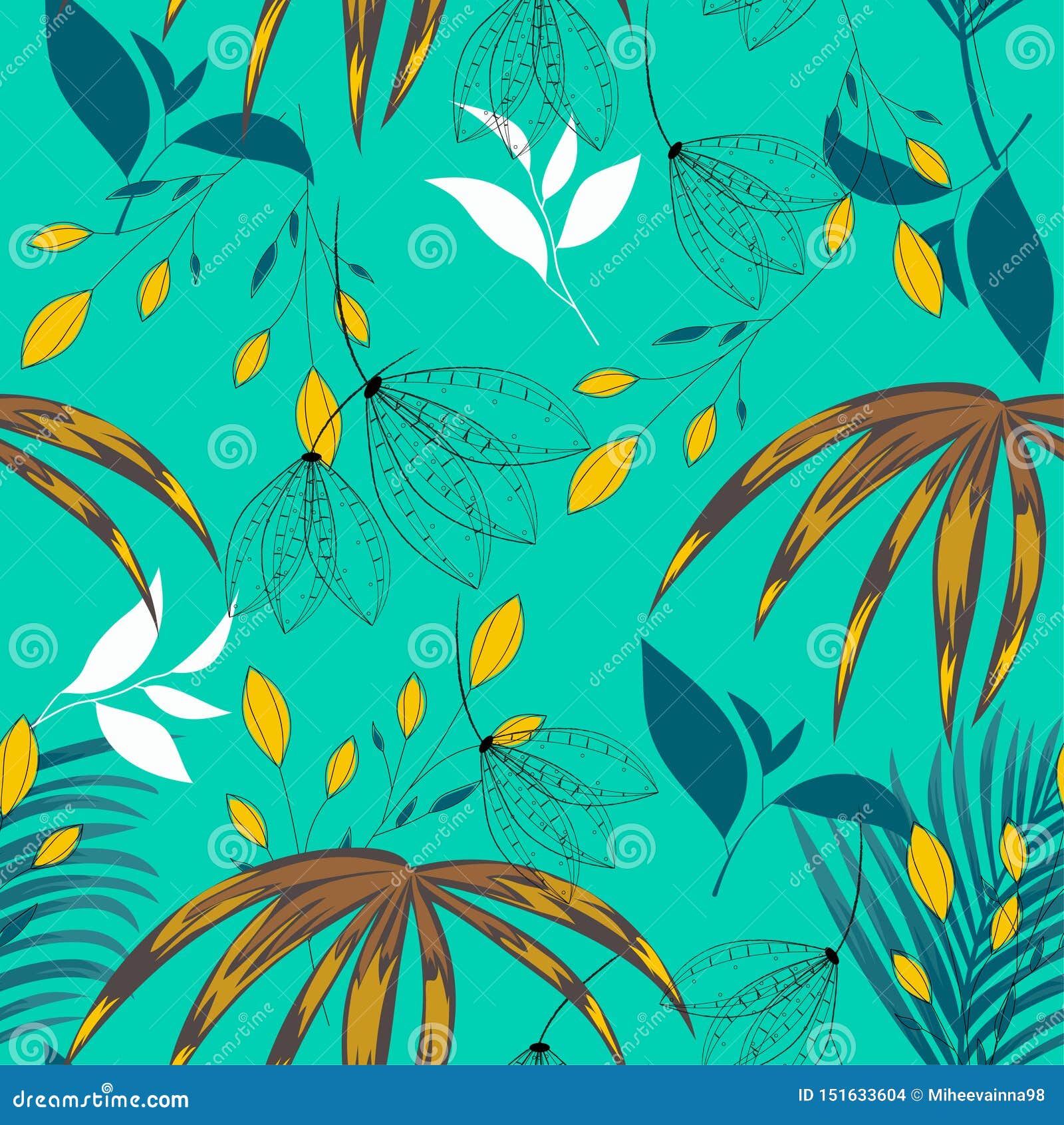 Summer Trend Seamless Pattern with Bright Tropical Leaves and Plants on ...