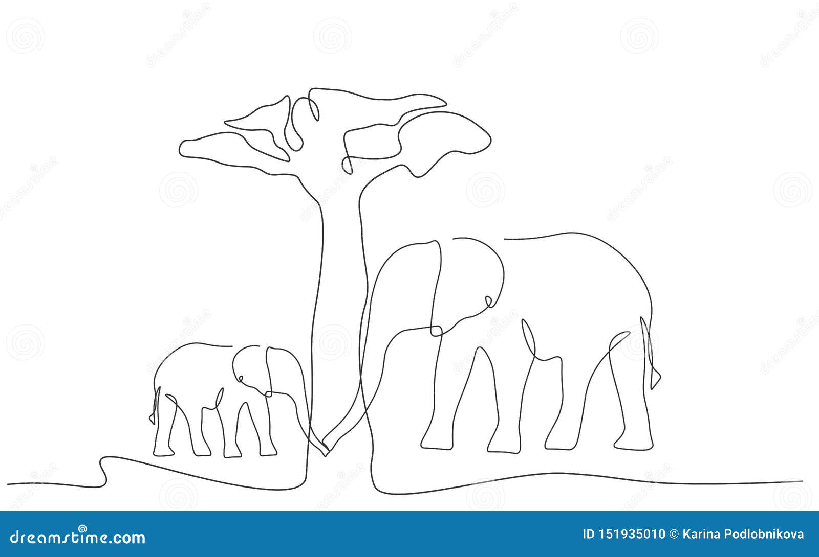 Elephants Family Near Tree Baobab, African Landscapes Line Drawing ...