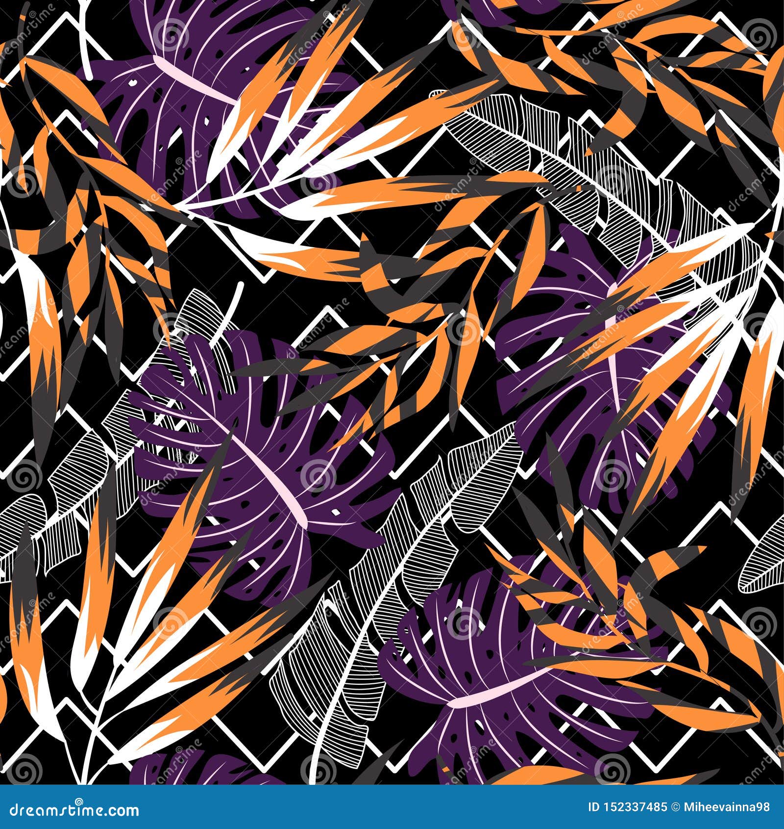 Abstract Trend Seamless Pattern with Bright Tropical Leaves and Plants ...