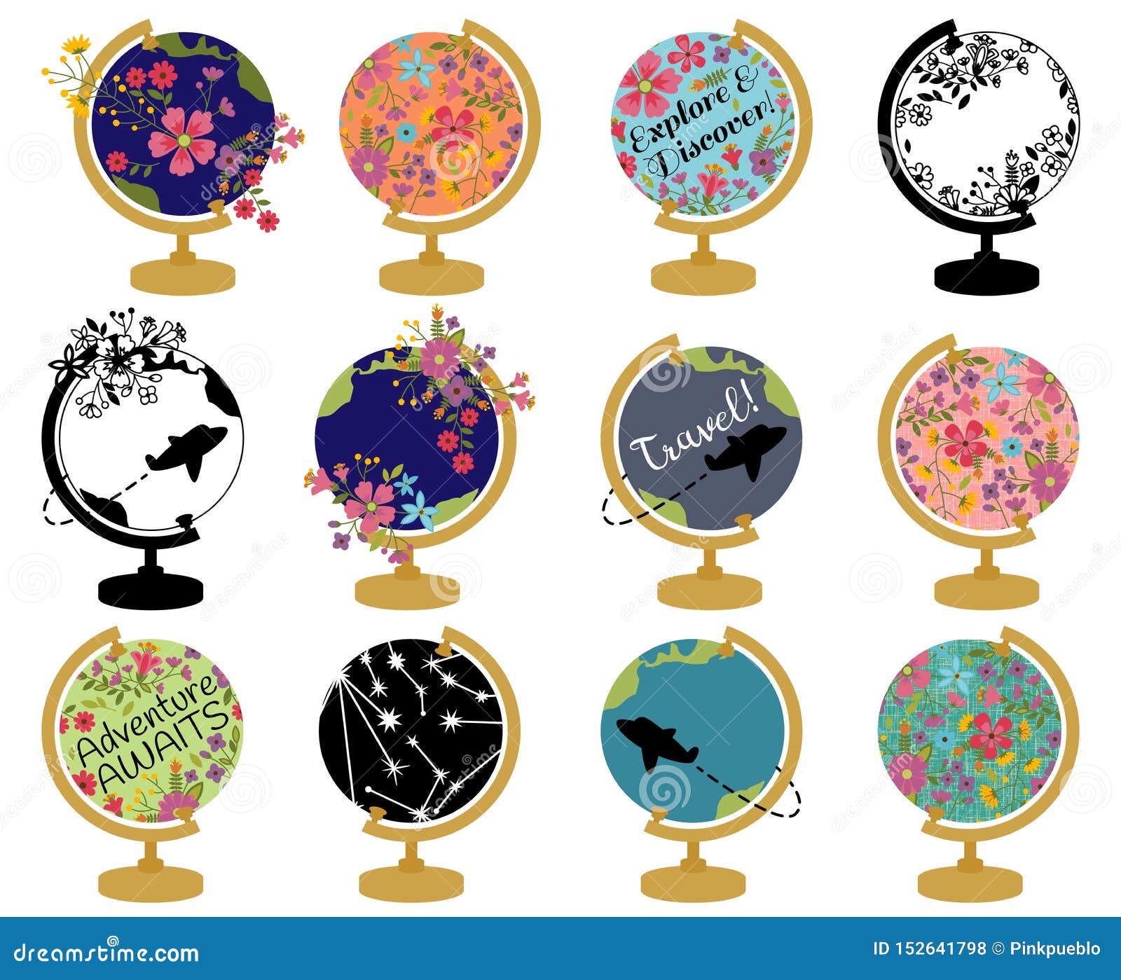 Vector Set of Vintage Globe with Retro and Floral Themes Stock Vector ...