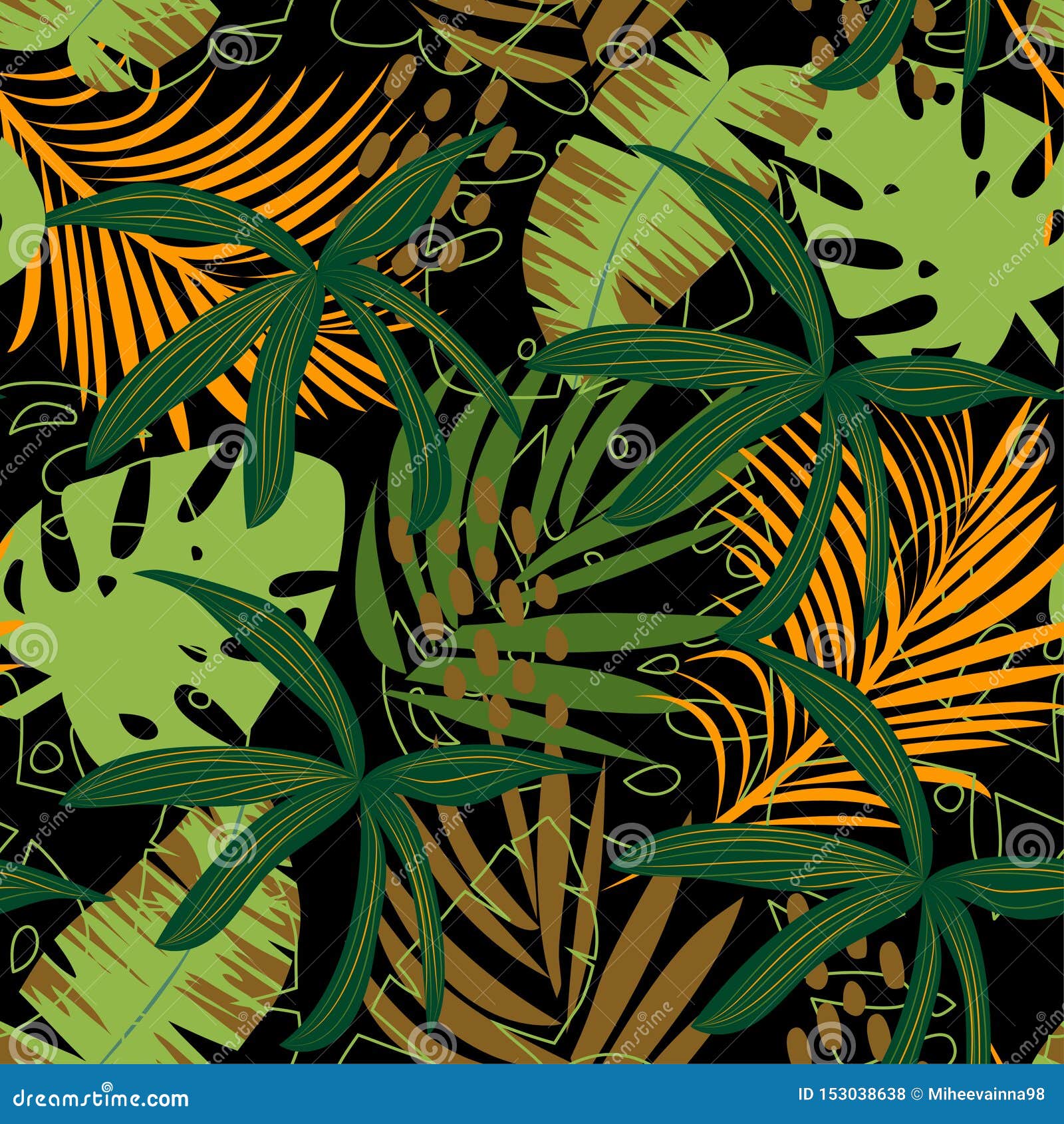Abstract Trend Seamless Pattern With Bright Tropical Leaves And Plants ...