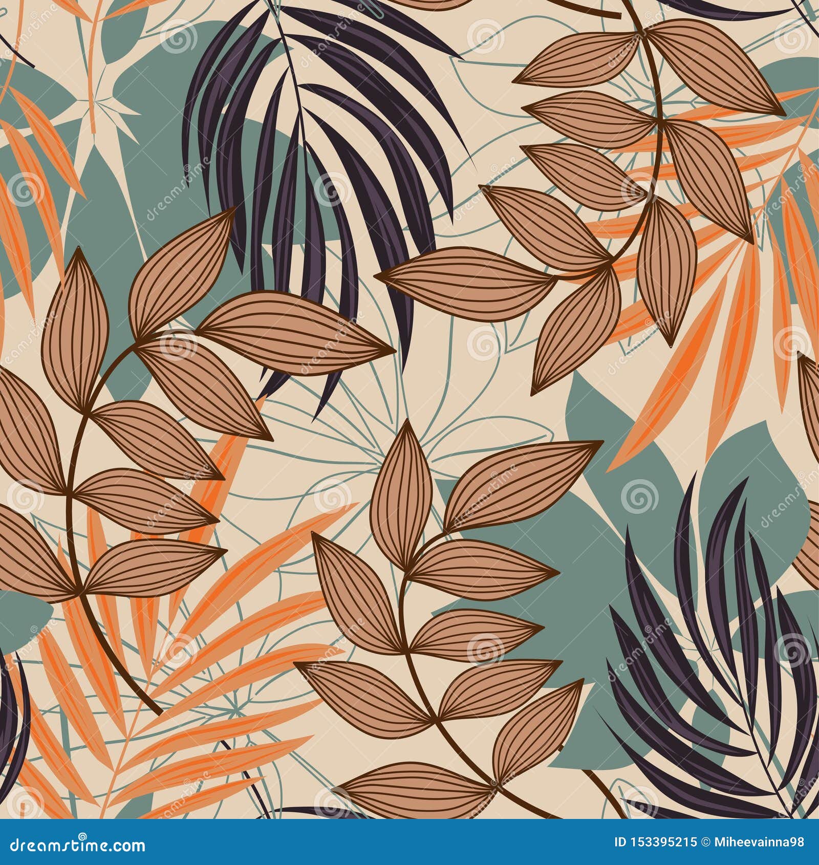 Summer Abstract Trend Seamless Pattern with Bright Tropical Leaves and ...