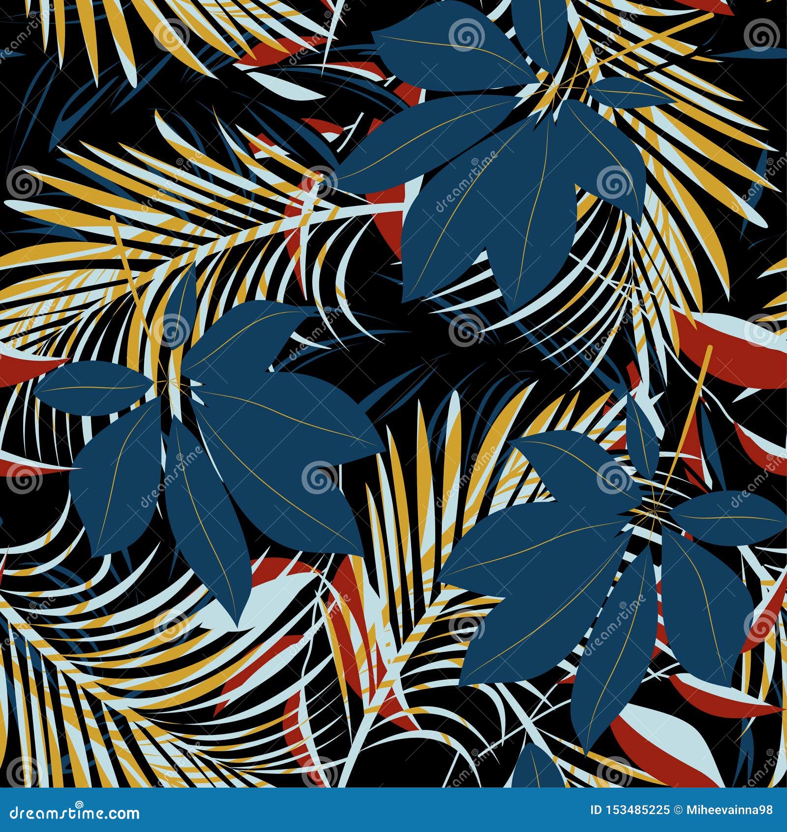Summer Abstract Trend Seamless Pattern with Bright Tropical Leaves and ...