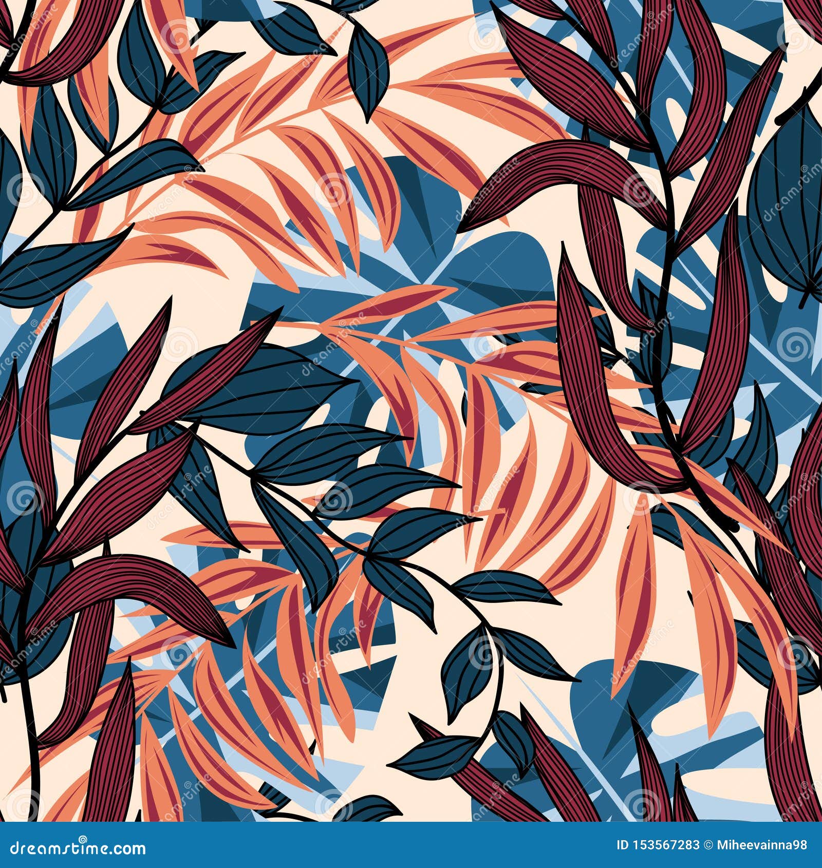 Summer Abstract Trend Seamless Pattern with Bright Tropical Leaves and ...