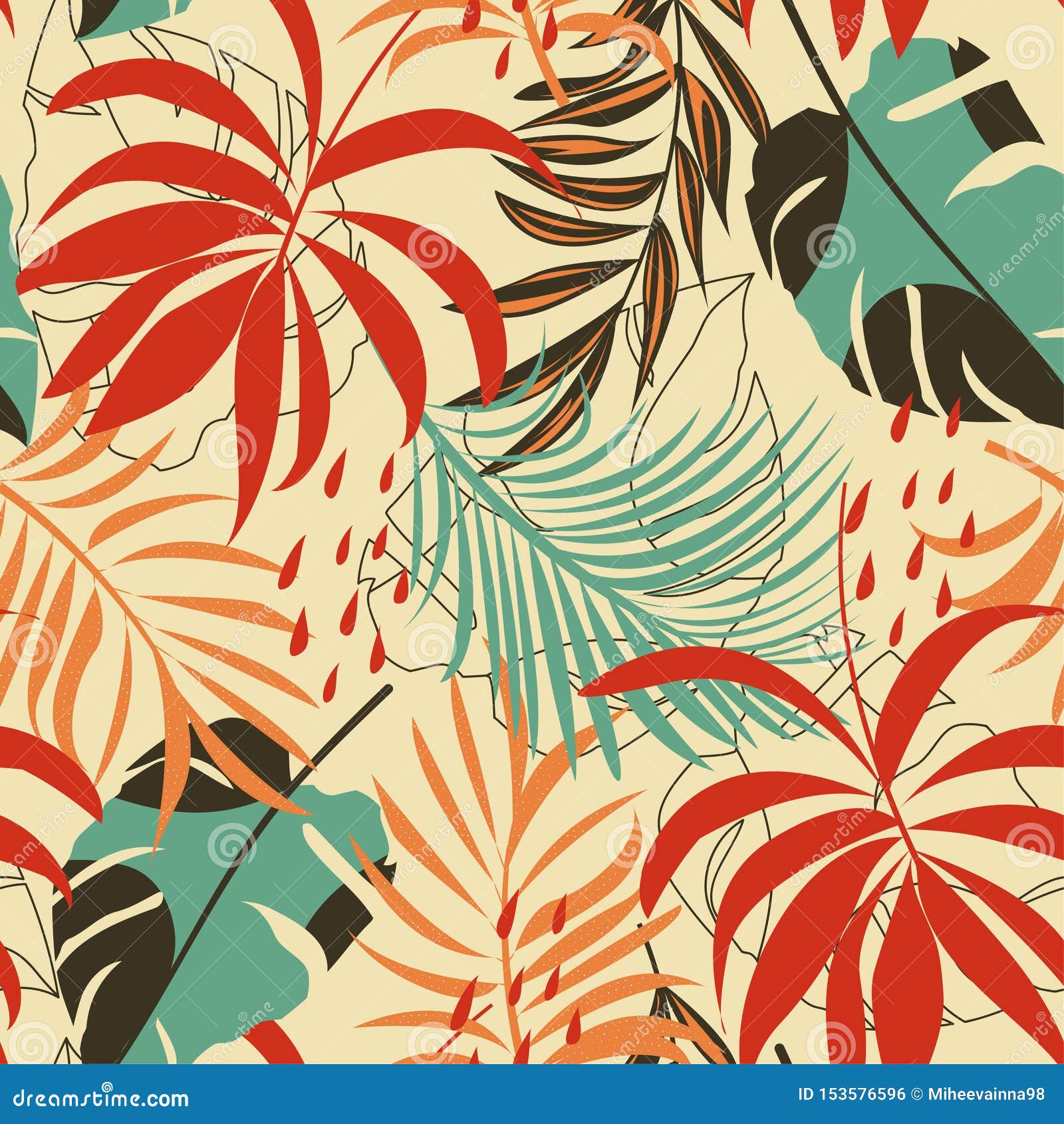 Summer Abstract Trend Seamless Pattern with Bright Tropical Leaves and ...
