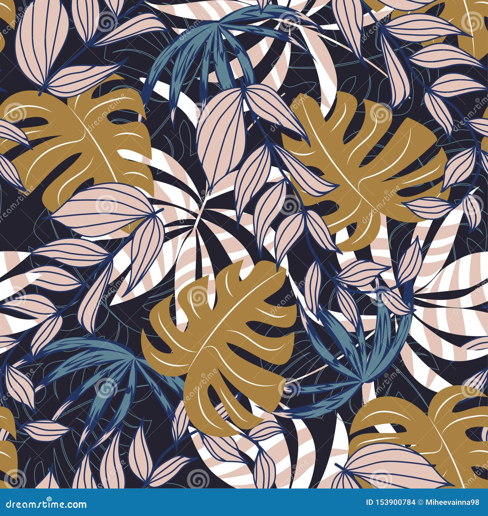 Summer Abstract Trend Seamless Pattern with Bright Tropical Leaves and ...