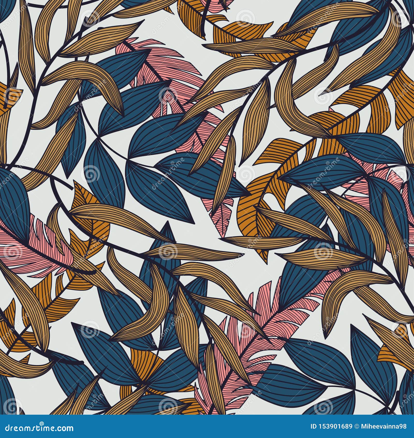 Summer Abstract Trend Seamless Pattern with Bright Tropical Leaves and ...