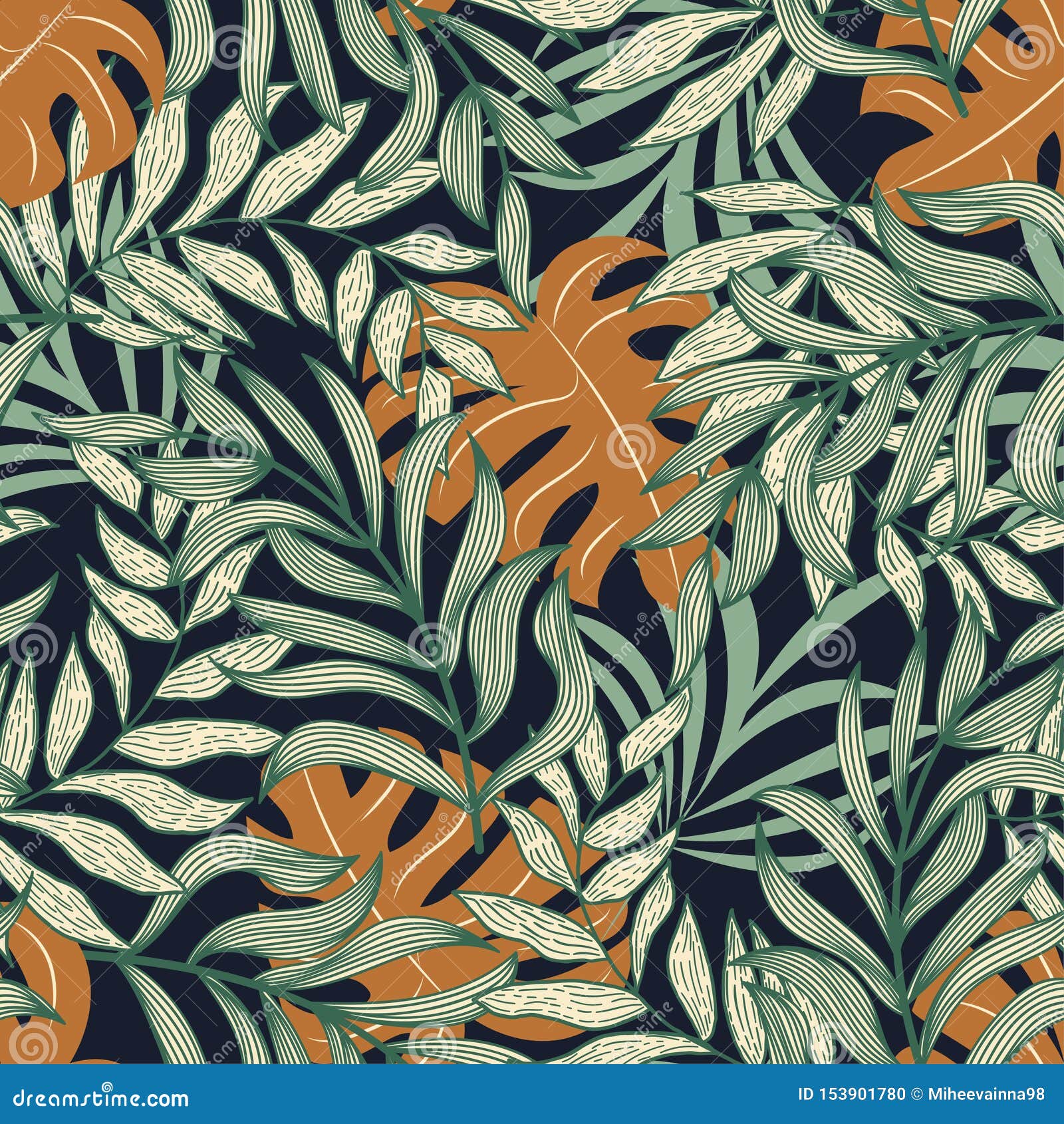 Summer Abstract Trend Seamless Pattern with Bright Tropical Leaves and ...