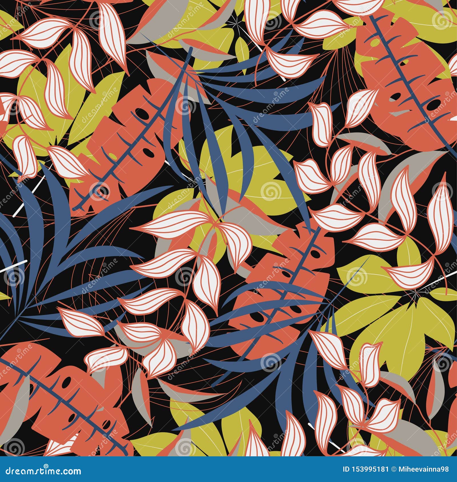 Summer Abstract Trend Seamless Pattern with Bright Tropical Leaves and ...