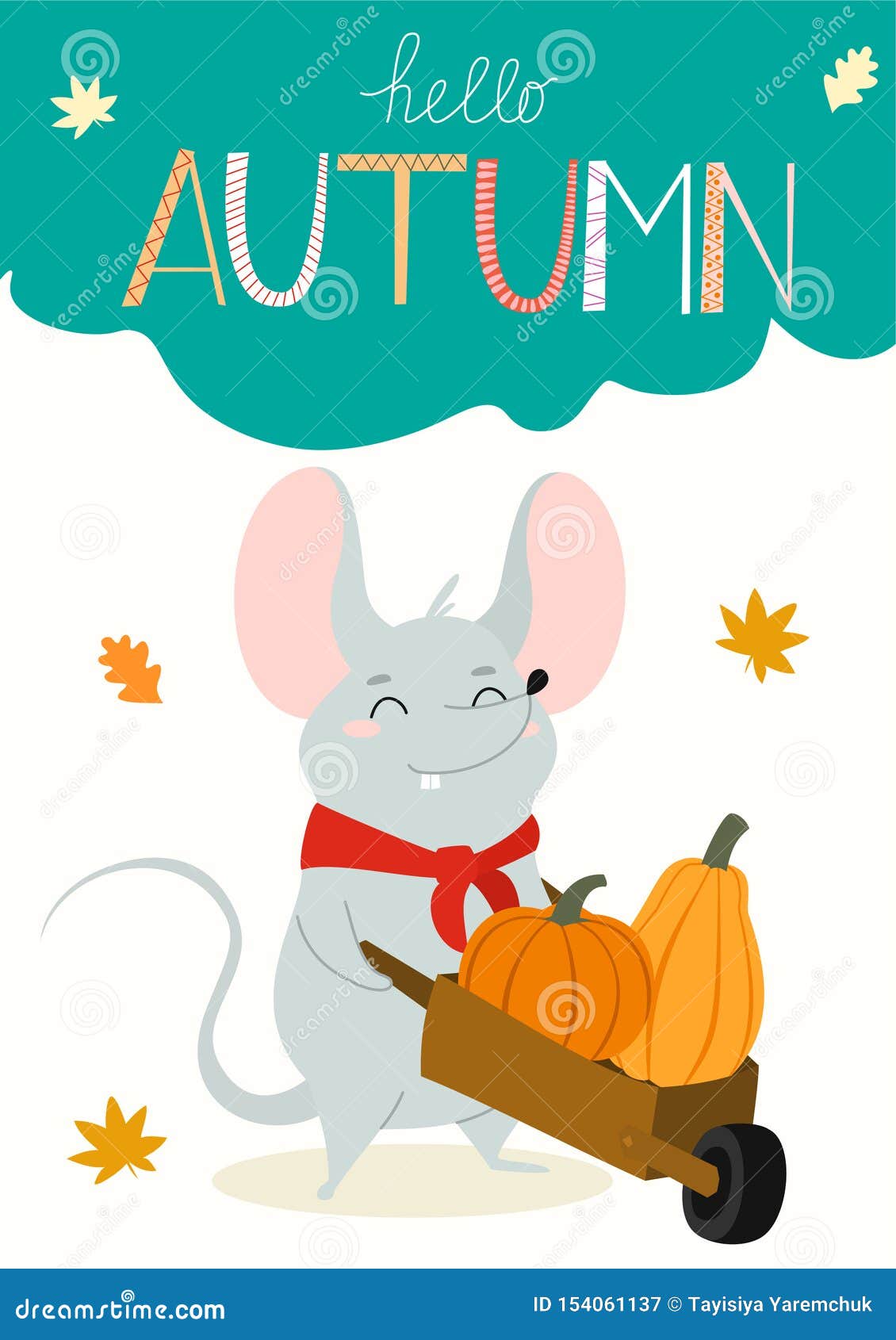 Funny Autumn Card with Cartoon Rat and Pumpkins. Vector Illustration ...
