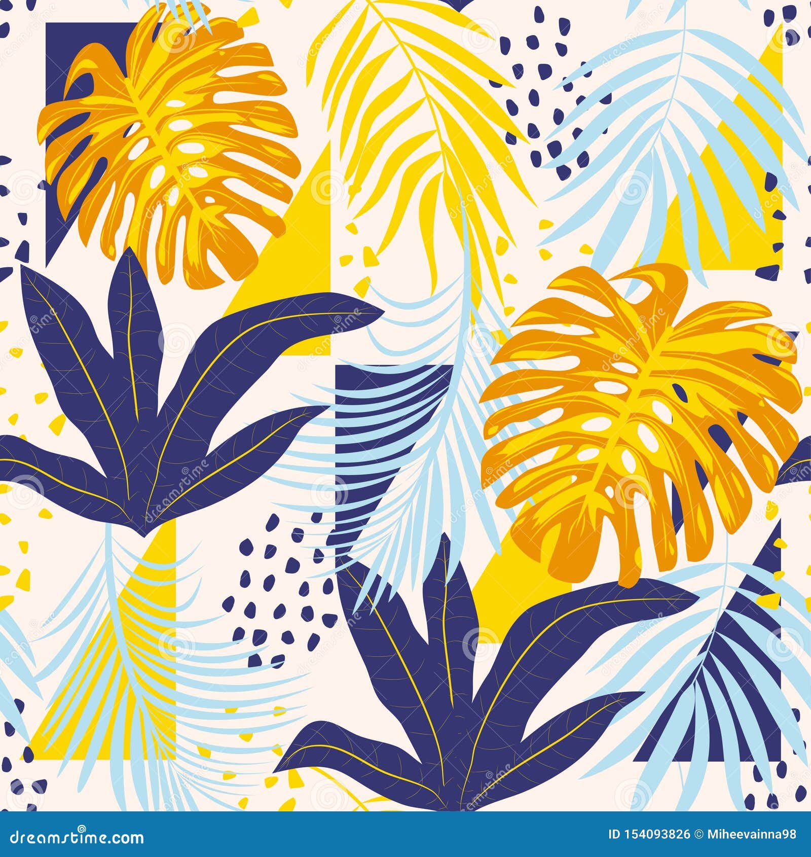 Summer Abstract Trend Seamless Pattern with Bright Tropical Leaves and ...