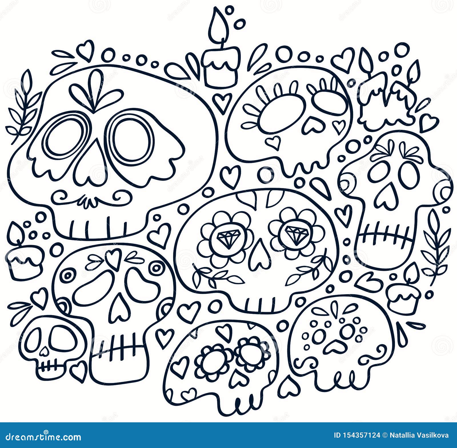 Day of the Dead Line Art Print. Holy Death. Mexican Sugar Skulls Stock ...
